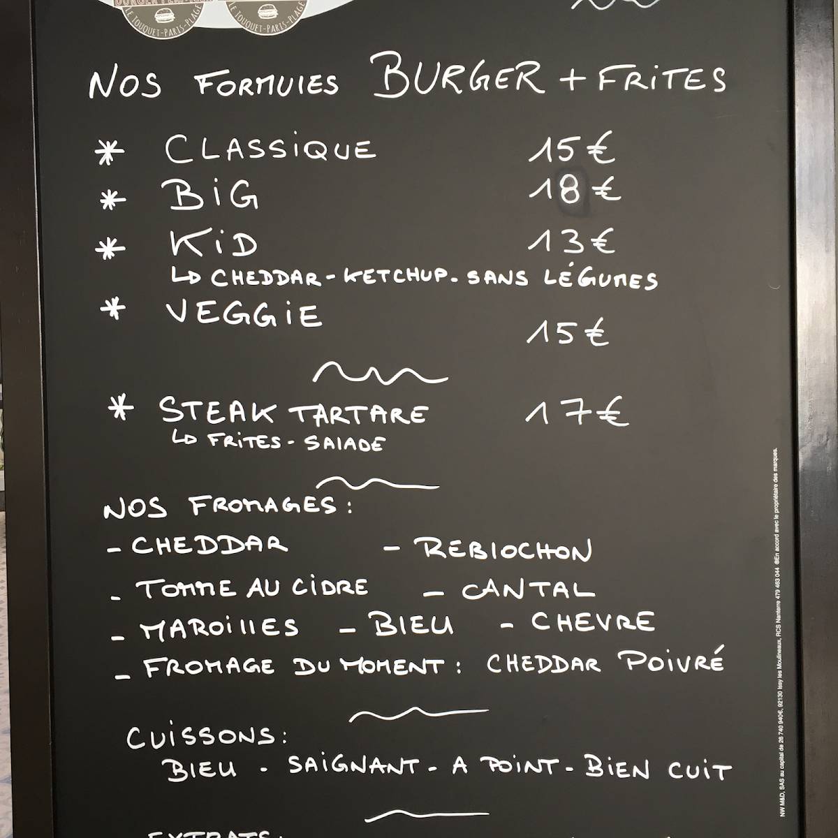Menu au Le Burger Fermier des Enfants Rouges restaurant, Le Touquet ...