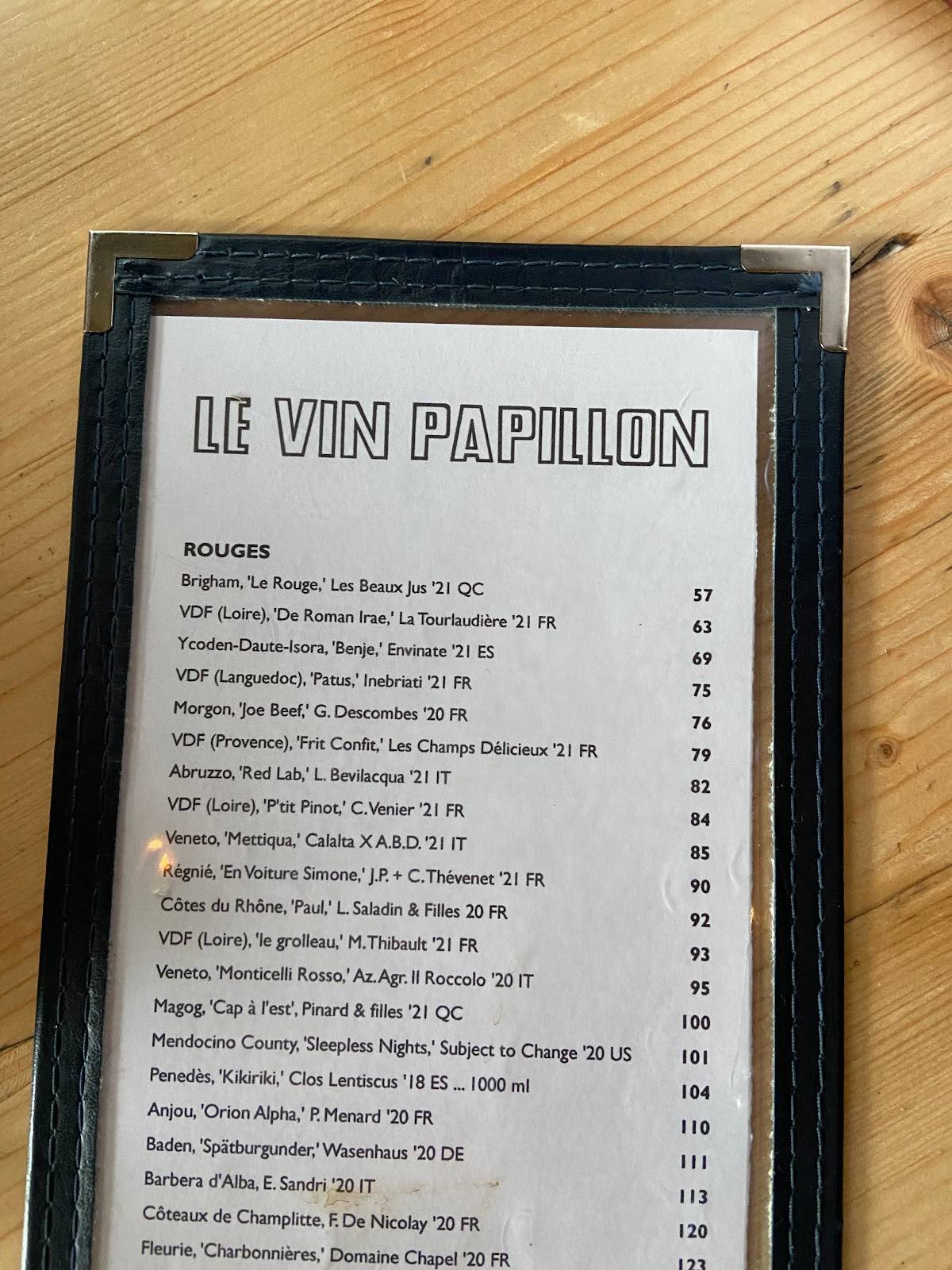 Menu au Le Vin Papillon pub et bar, Montréal, Notre-Dame St W