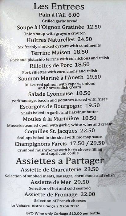 Menu at Le ﻿﻿Voltaire Bistro Francais restaurant, Belgrave
