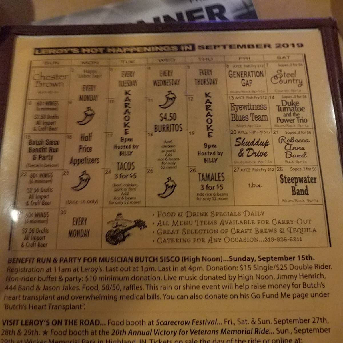 Menu at Leroy's "Hot Stuff" pub & bar, Porter