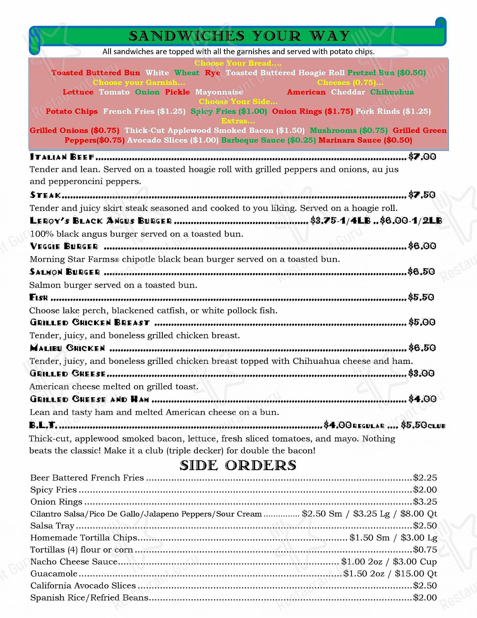 Menu at Leroy's "Hot Stuff" pub & bar, Porter