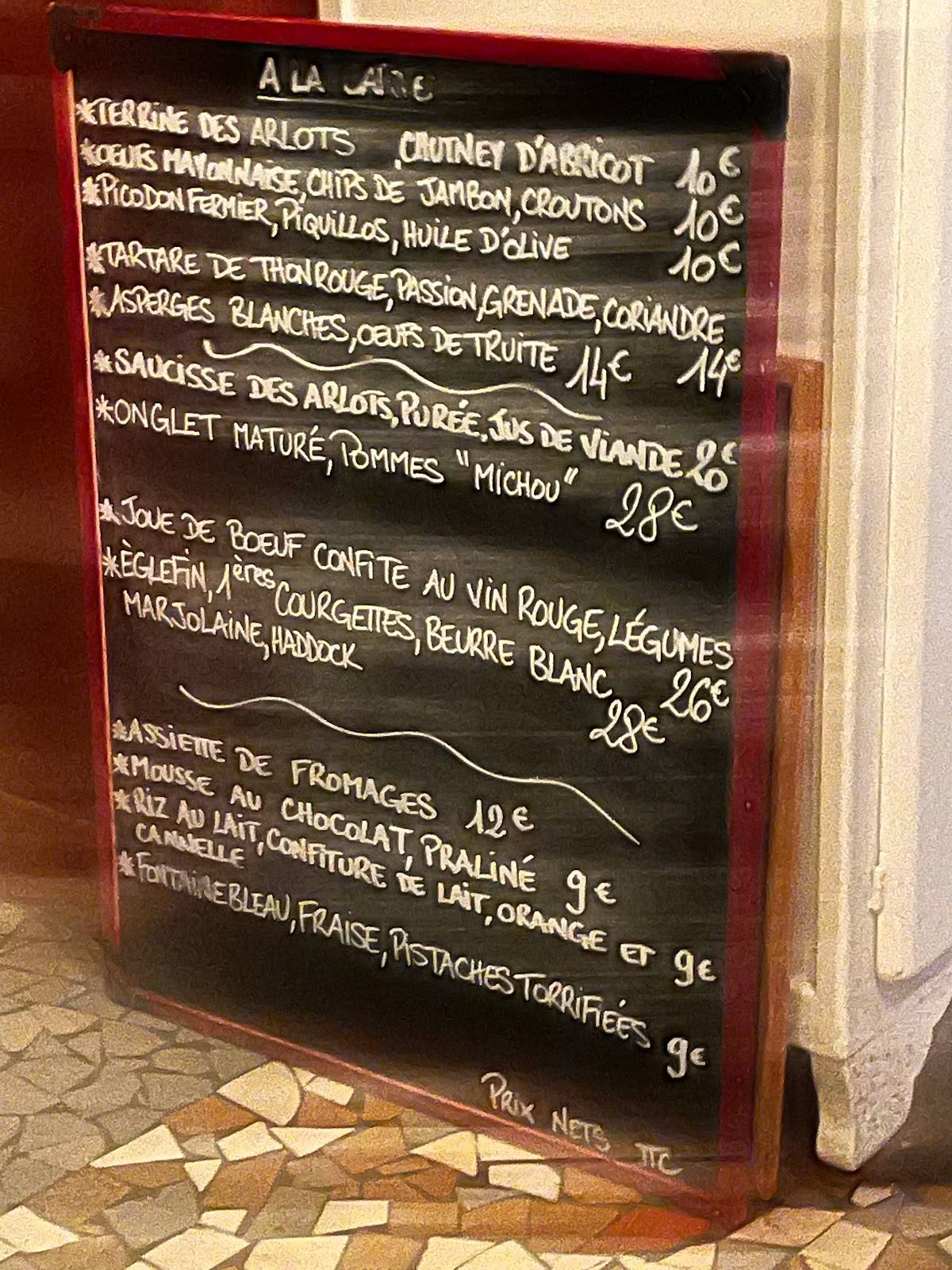 Menu at Les Arlots restaurant, Paris, 136 Rue du Faubourg Poissonnière