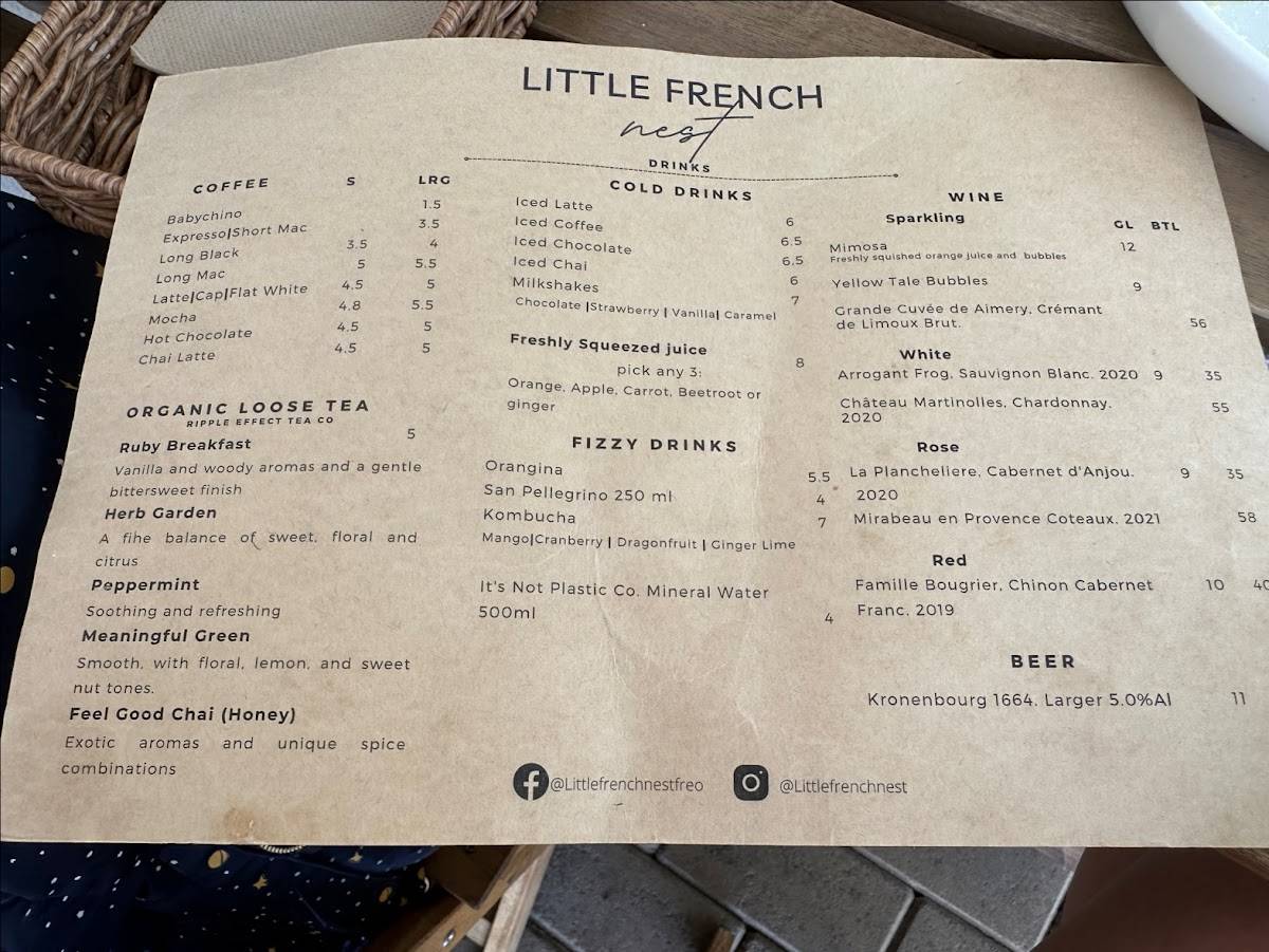 Menu at Little French Nest cafe, Fremantle