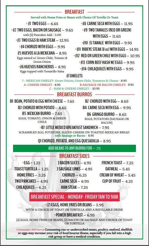 Menu at Little Mexico Steakhouse, Tucson