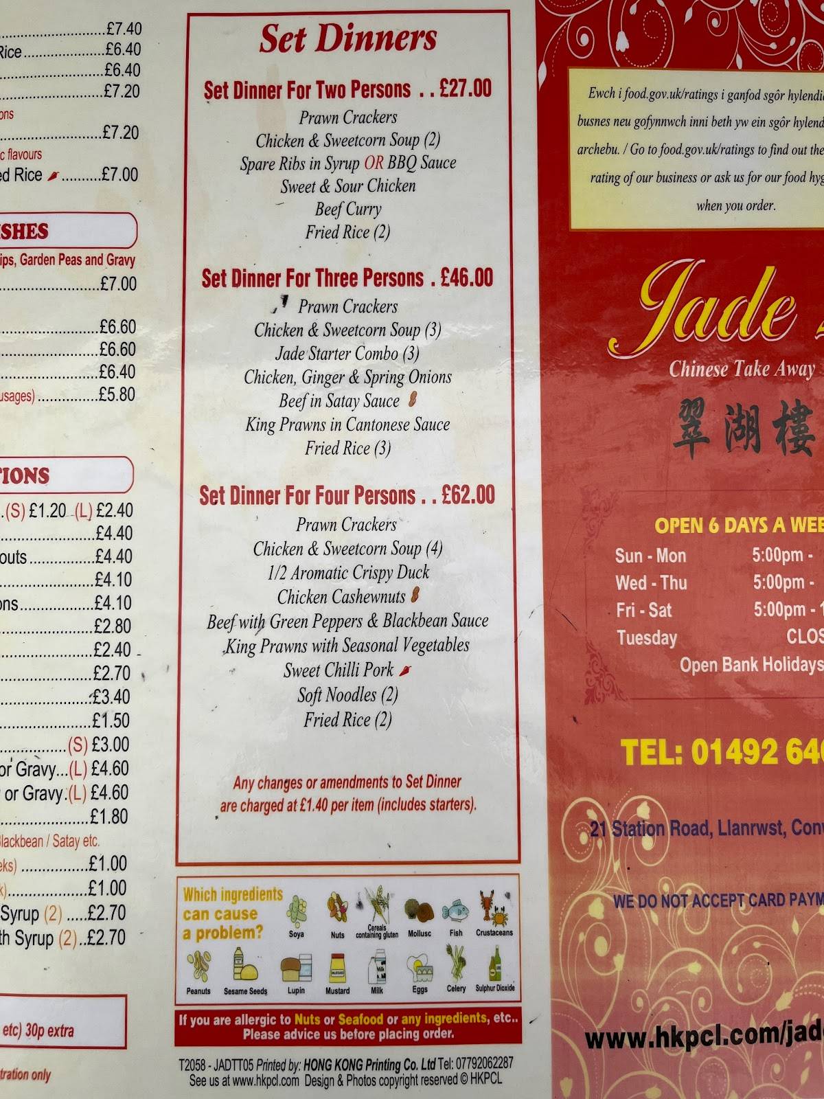 Menu at Jade 2 Chinese Takeaway fast food, Llanrwst