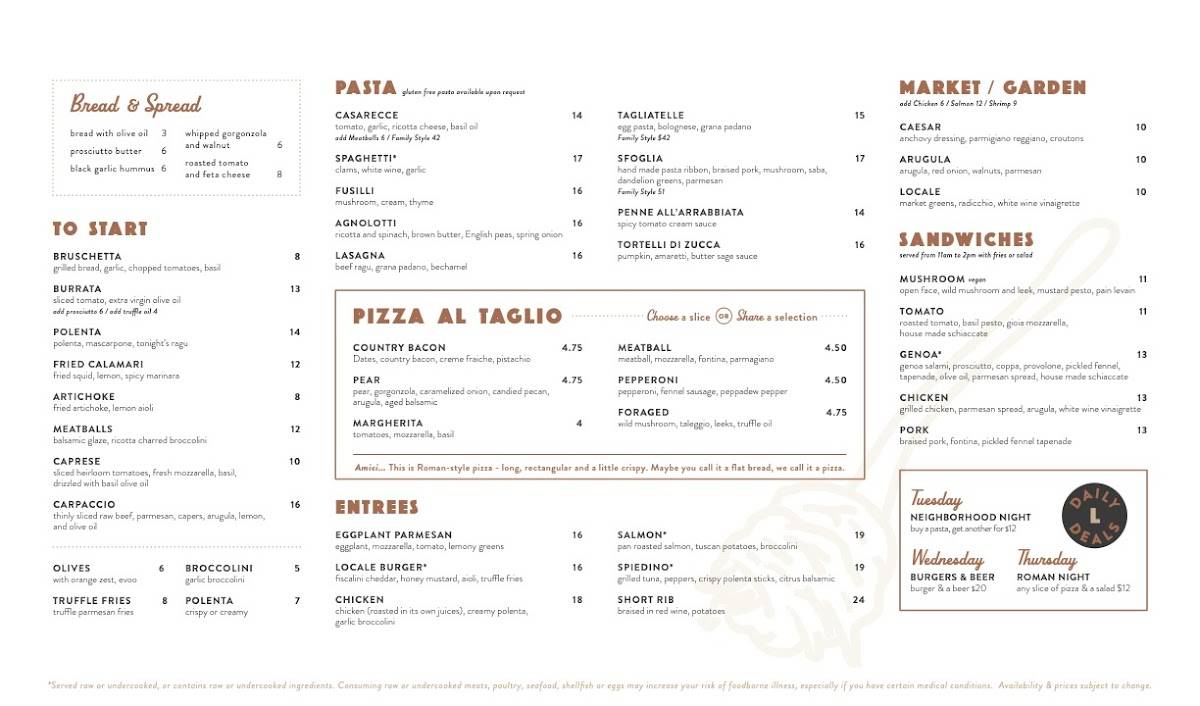 Menu at Locale Neighborhood Italian Restaurant, Tucson