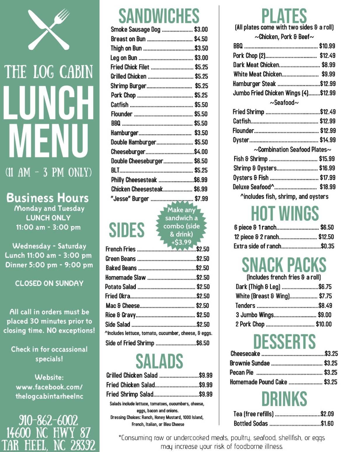 Menu at Log Cabin Restaurant, Tar Heel