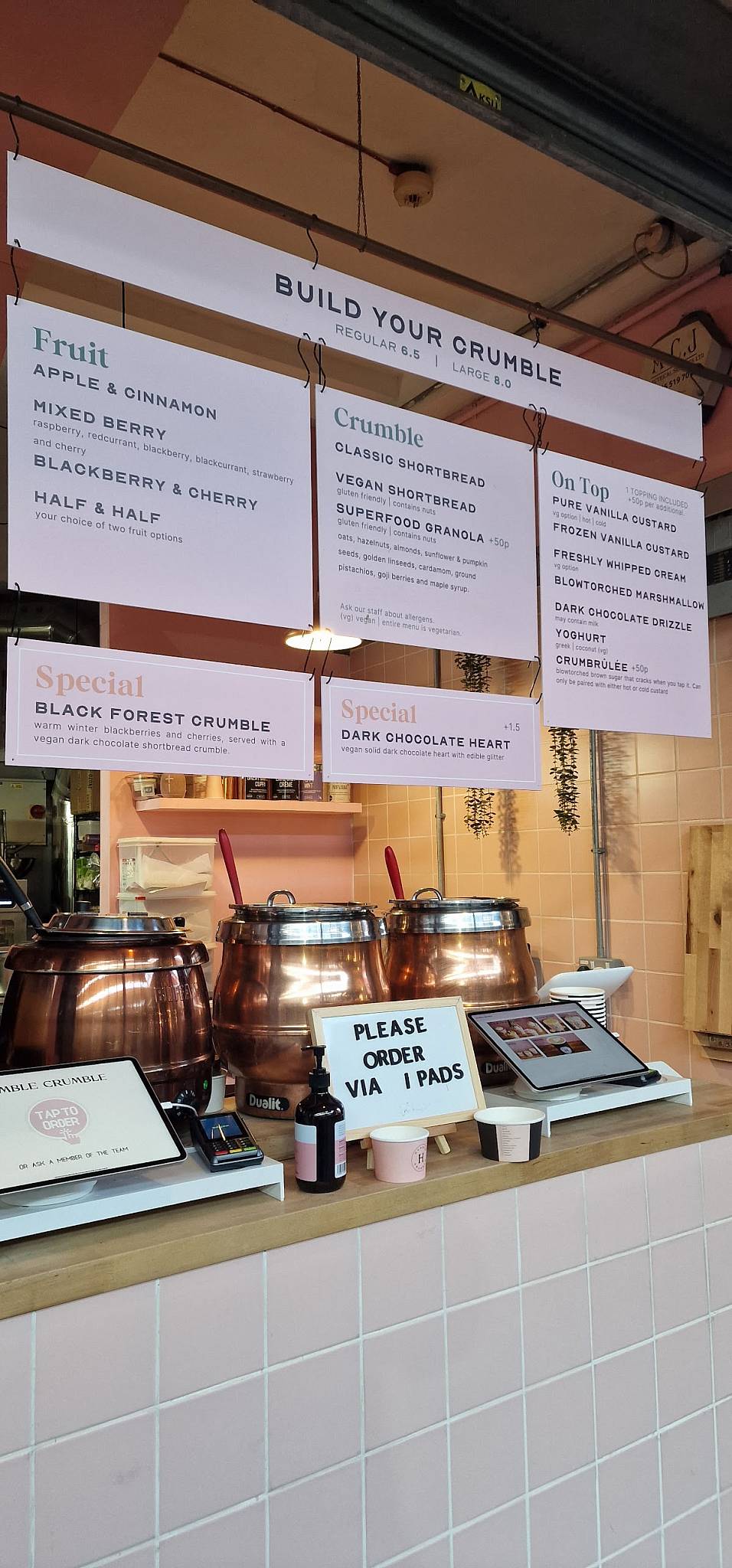 Menu at Humble Crumble restaurant, London, Old Spitalfields Market