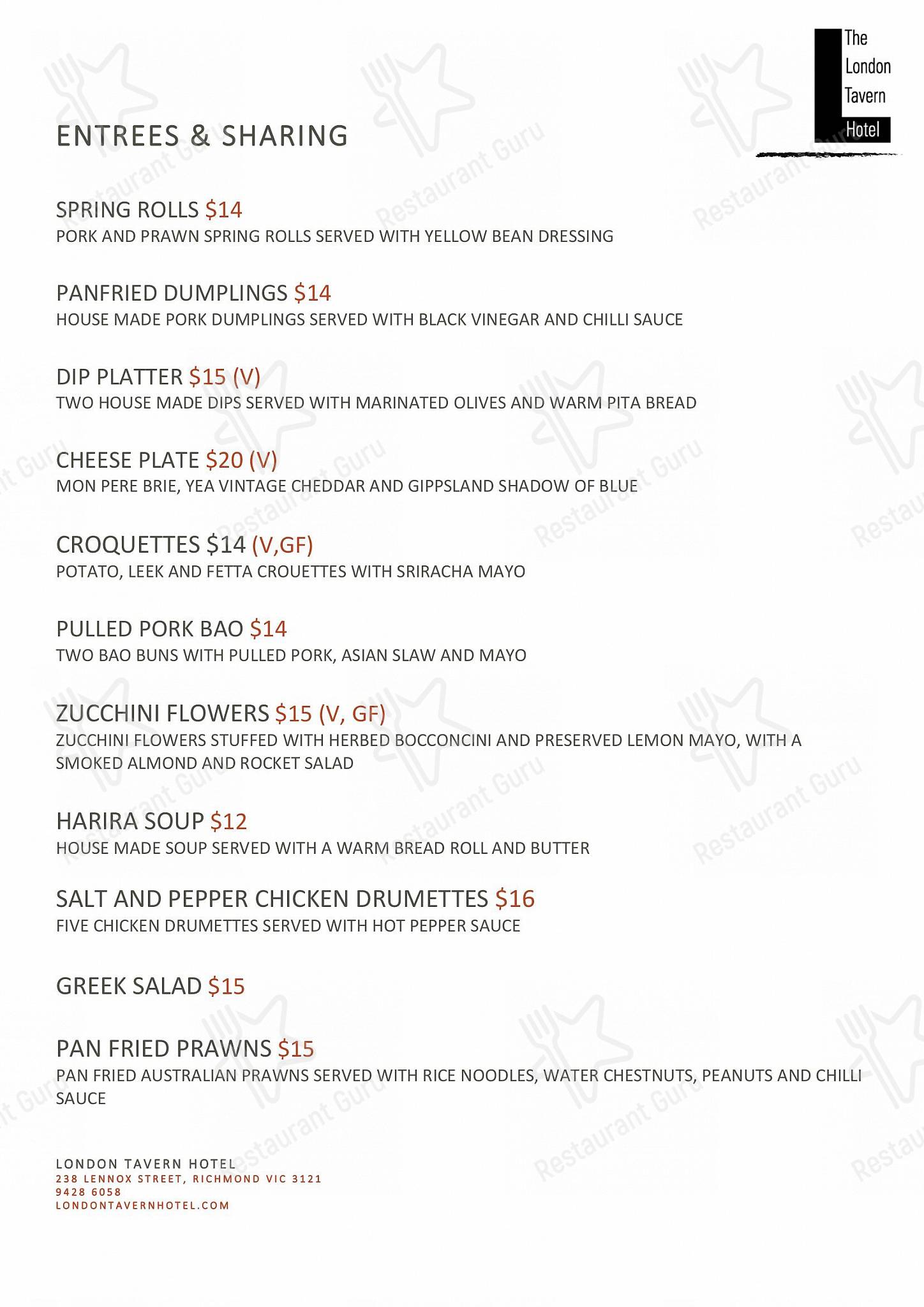 Menu at London Tavern Hotel restaurant, Richmond