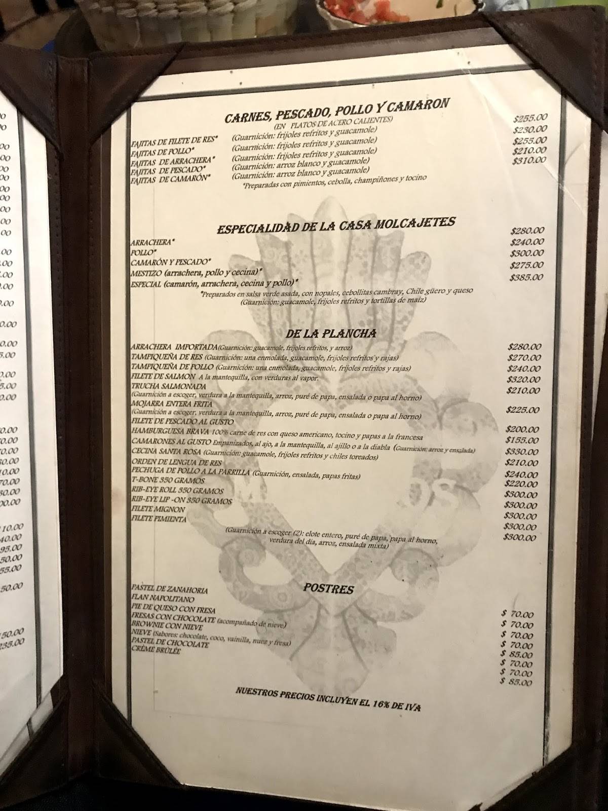 Menu at Los Milagros restaurant, San Miguel de Allende, Relox 17