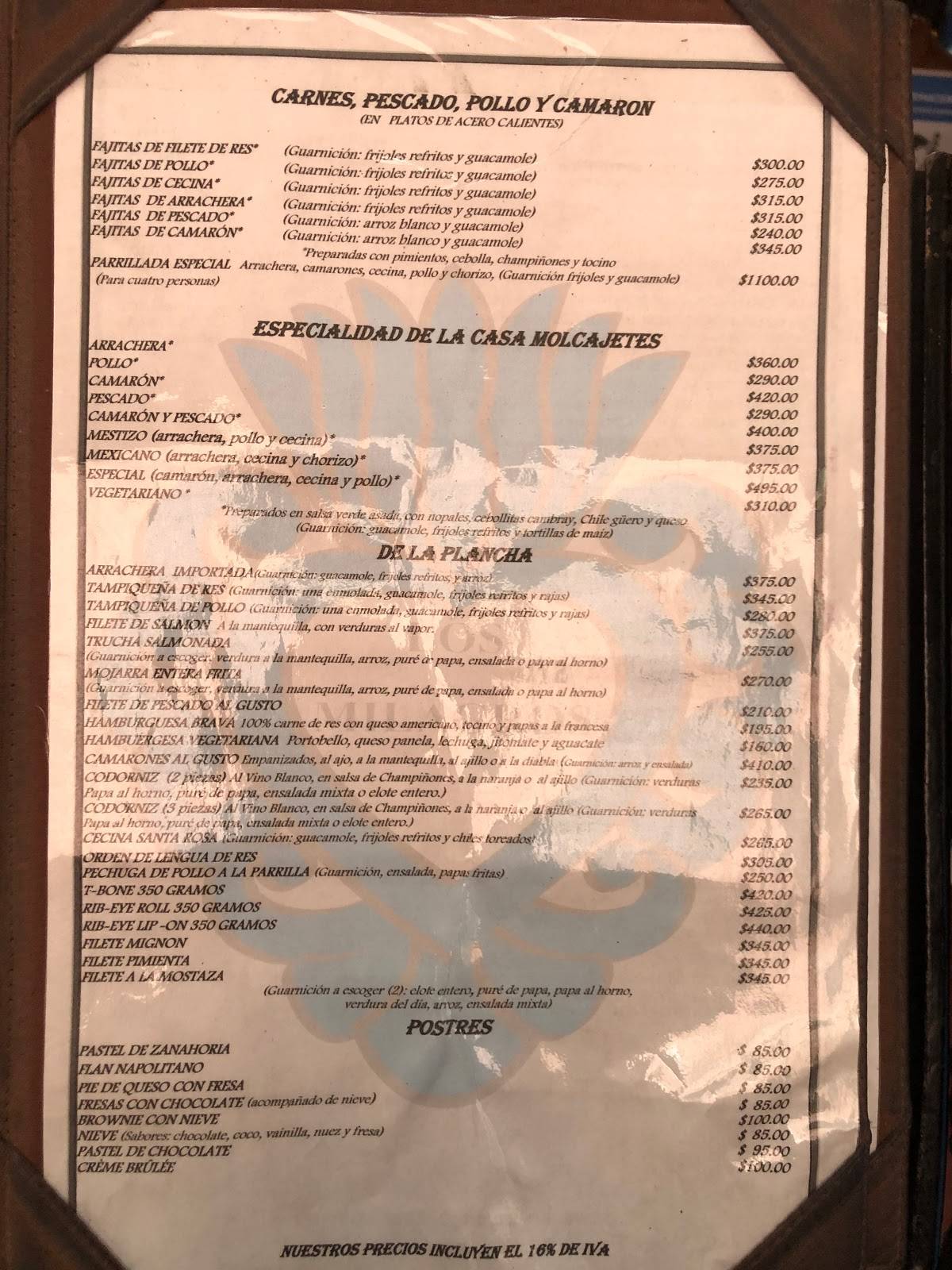 Menu at Los Milagros restaurant, San Miguel de Allende, Relox 17