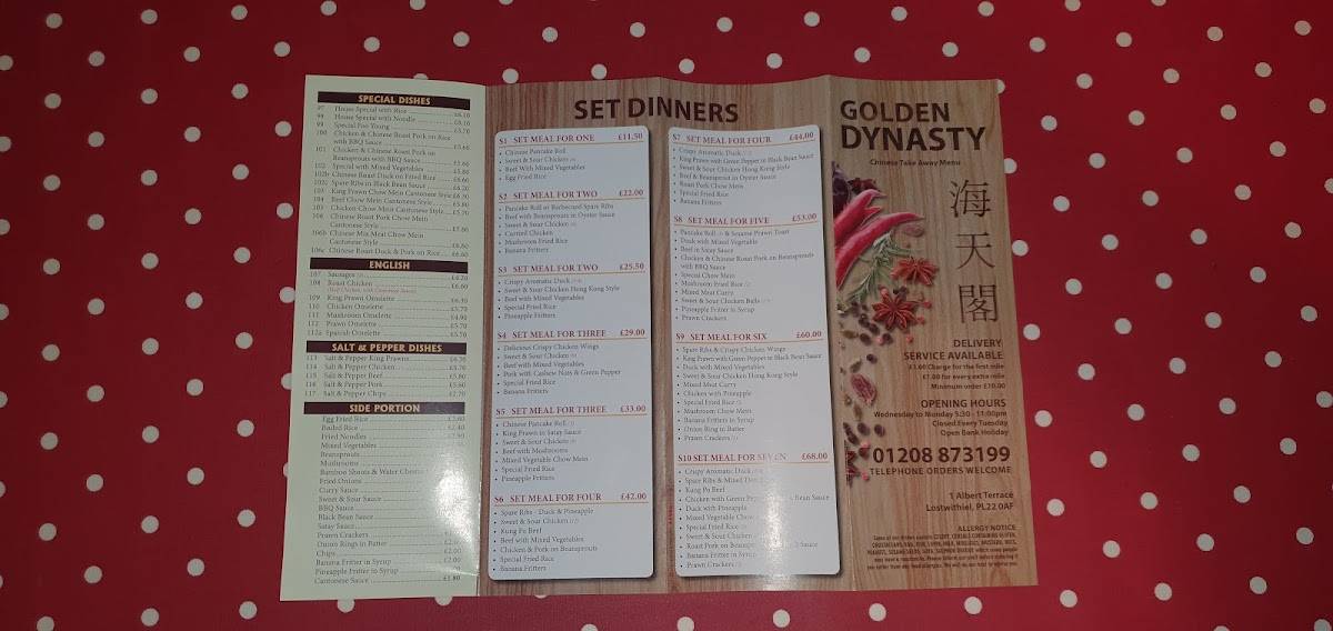 Menu at Golden Dynasty fast food, Lostwithiel