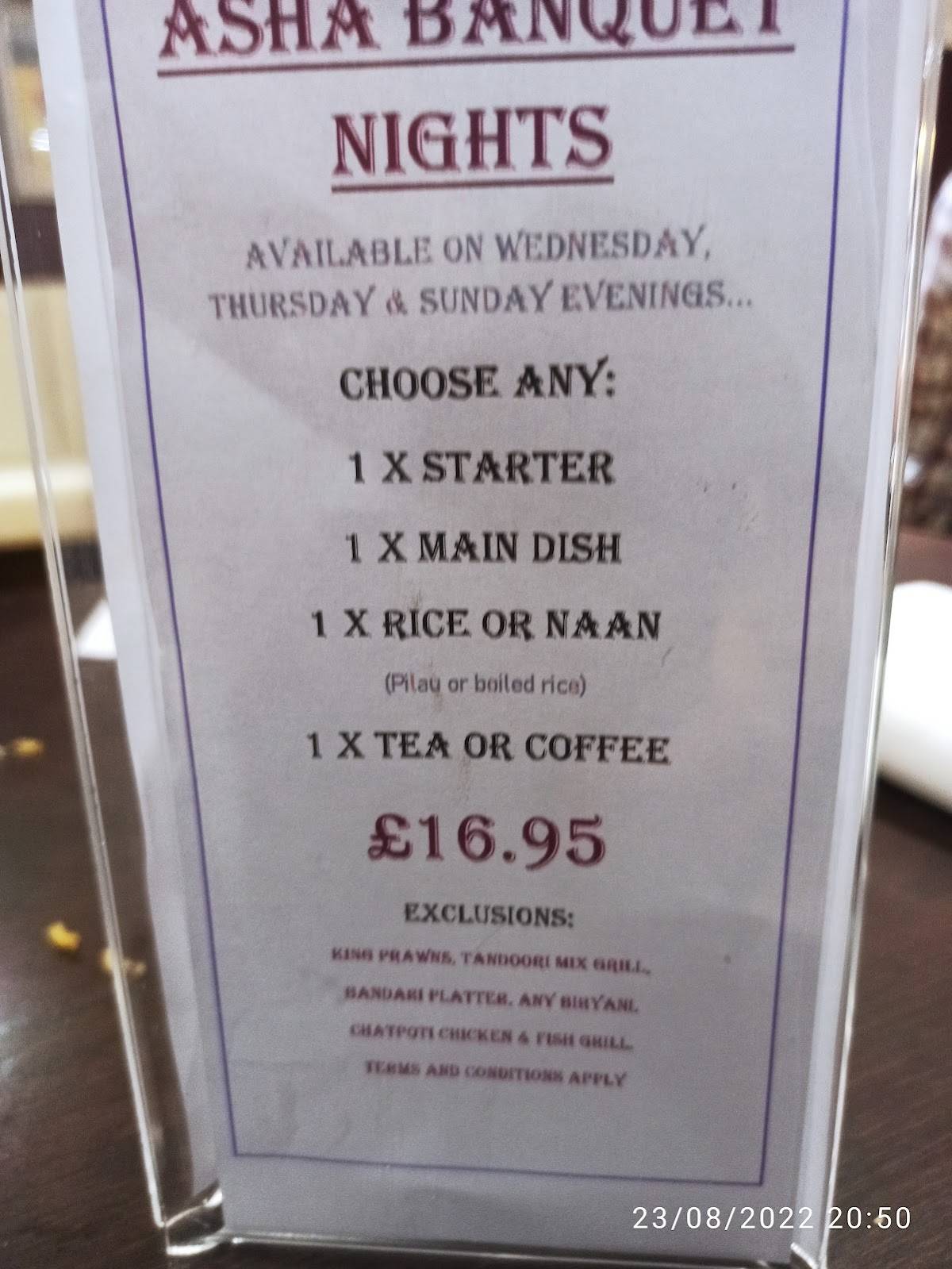 Menu at Asha Indian Restaurant, Louth