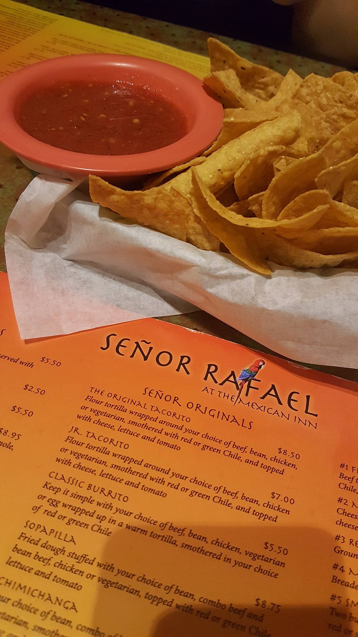 Menu at Senor Rafael at the Mexican Inn restaurant, Loveland