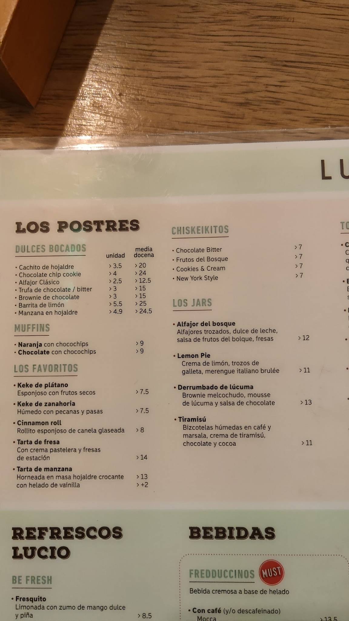 Carta del café Lucio Caffé Larcomar, Miraflores, Mal. del la Reserva 610