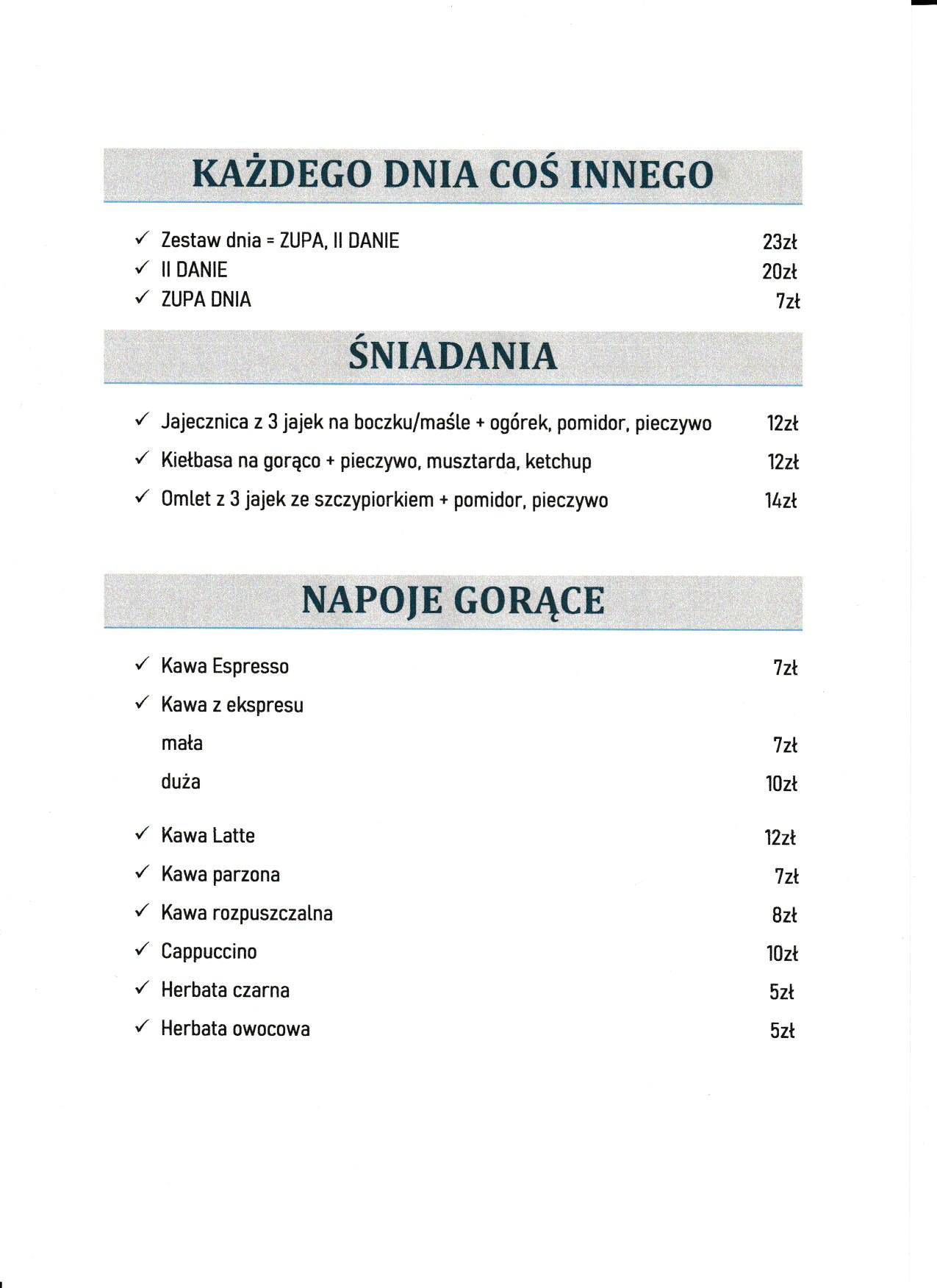 Menu at Lucy Bar, Gorlice
