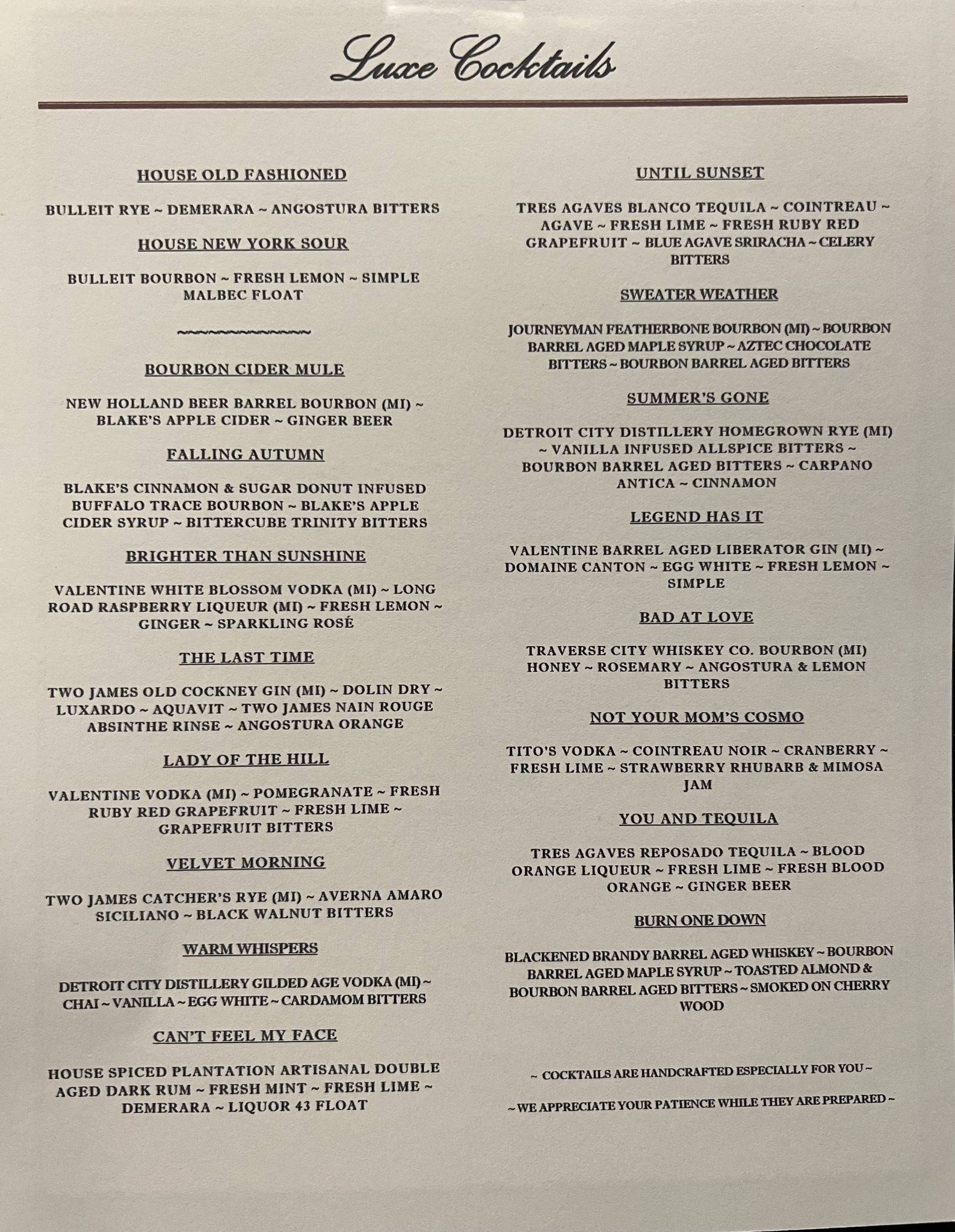 Menu at Luxe Bar & Grill, Grosse Pointe Farms, 115 Kercheval Ave