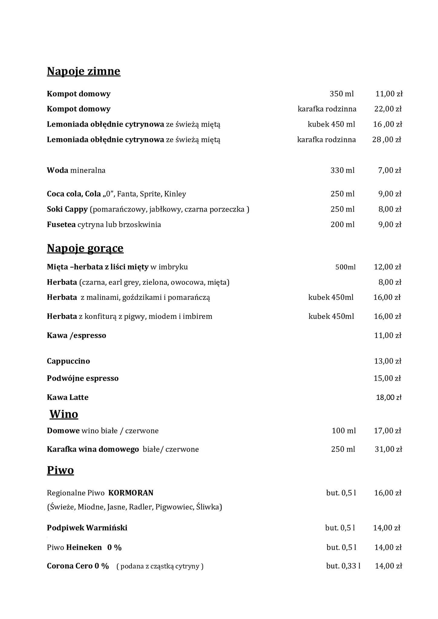 Menu at Młyn pod Mariaszkiem. Oberża pub & bar, Ostroda