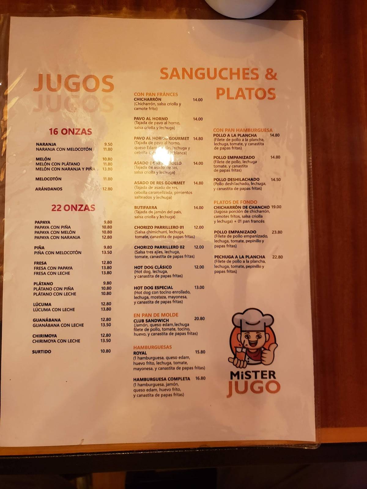 Menu at MISTER JUGO - Jugueria y Sangucheria, Ica