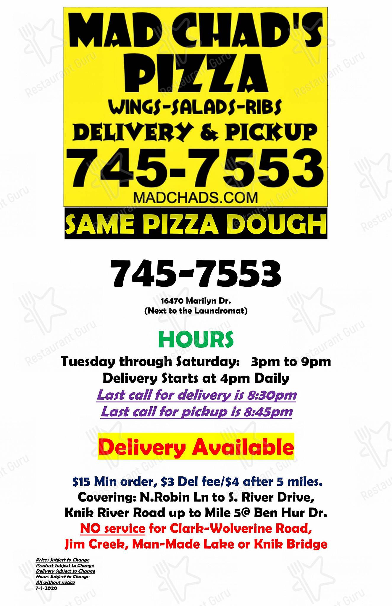 Menu at Mad Chad’s Pizza pizzeria, Palmer, Marilyn Dr