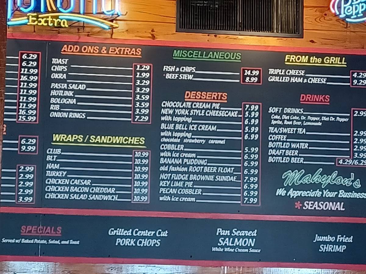 Menu at Mahylon's BBQ, Muskogee
