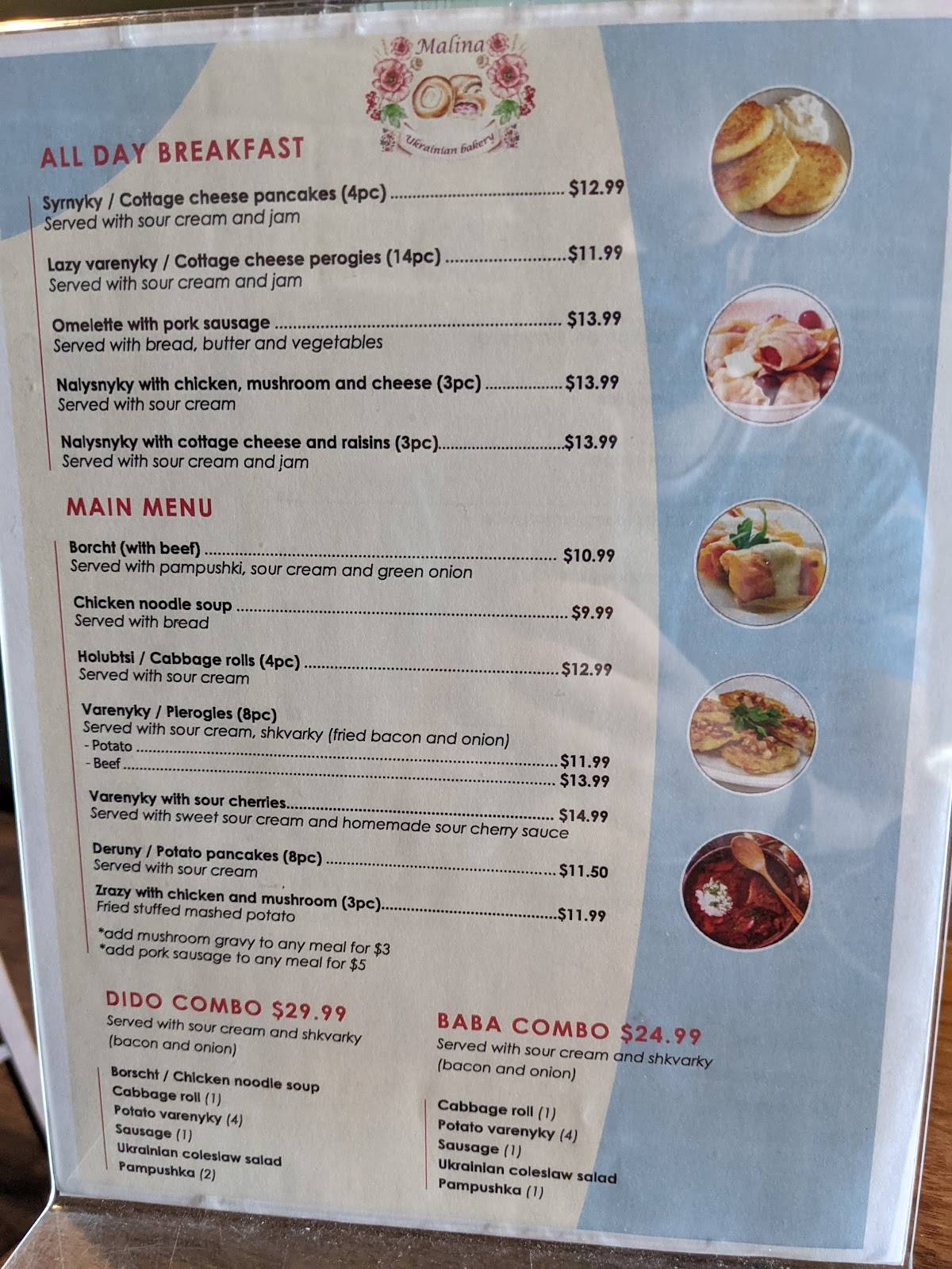 Menu at Malina Ukrainian Bakery and Eatery, Edmonton