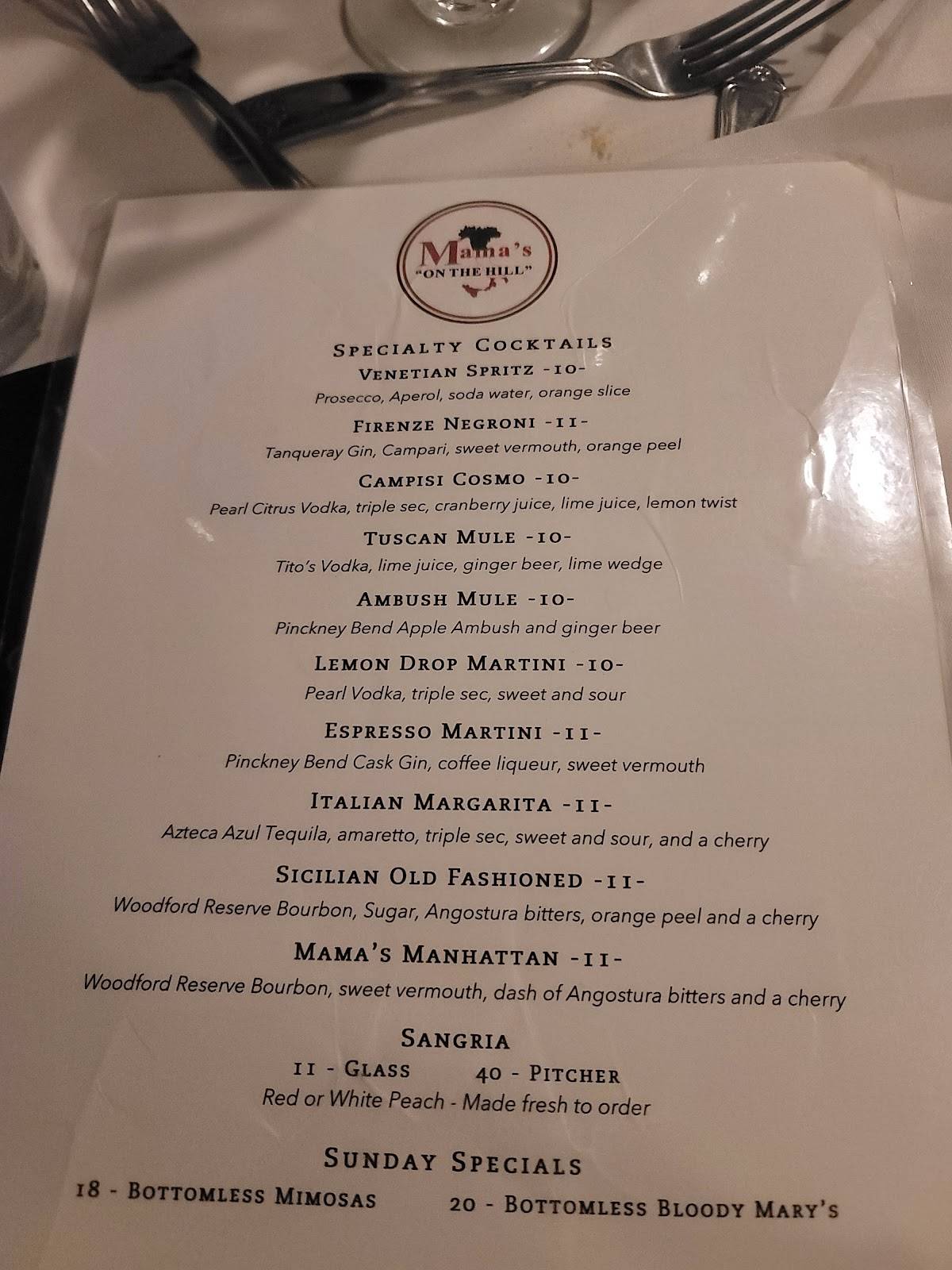 Menu at Mama’s On The Hill pub & bar, St. Louis