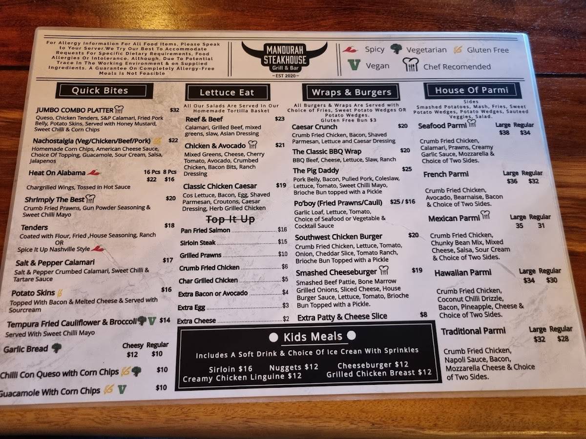 Menu at Mandurah Steakhouse, Mandurah