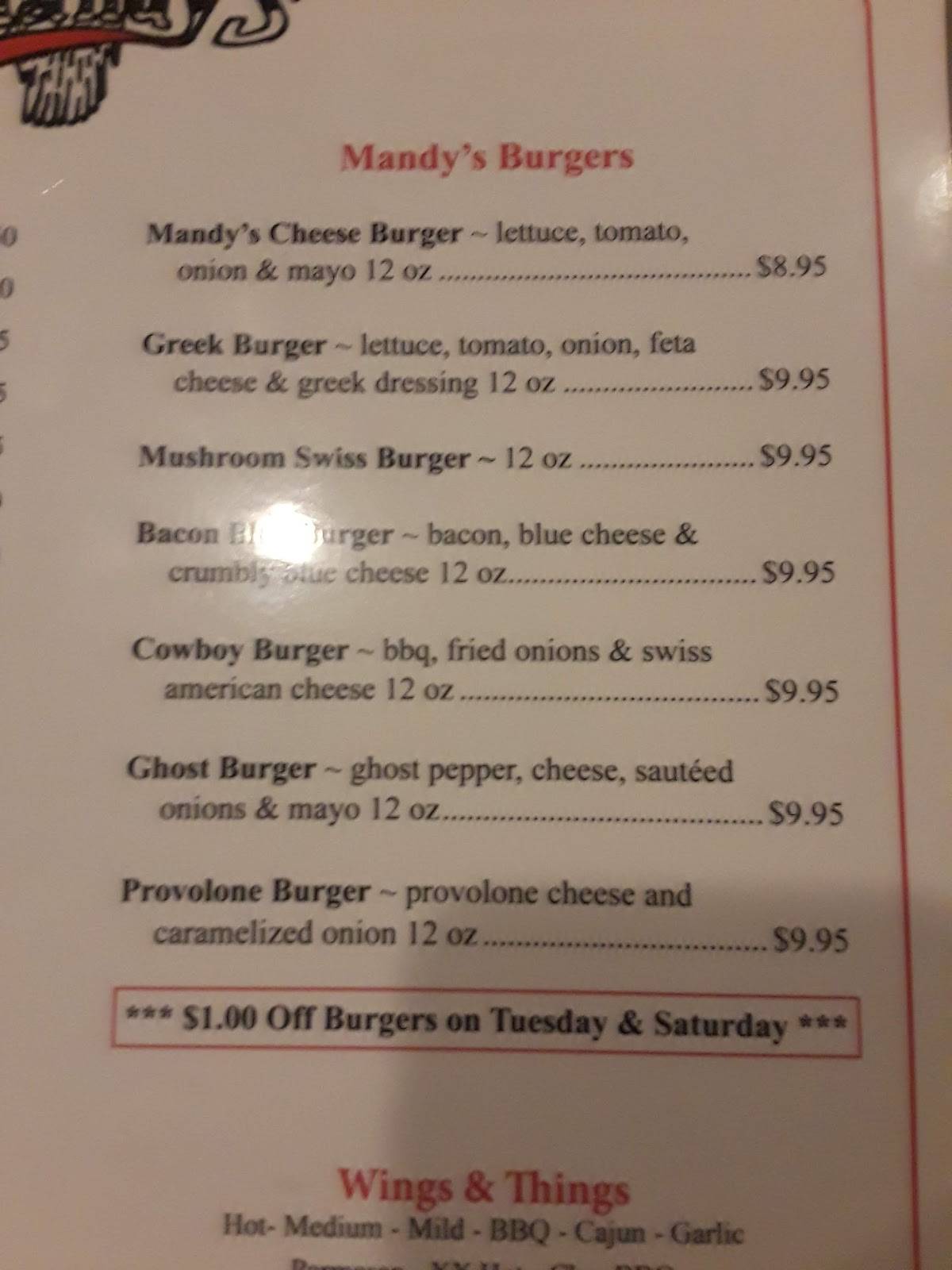 Menu at Mandy's Cafe, Buffalo
