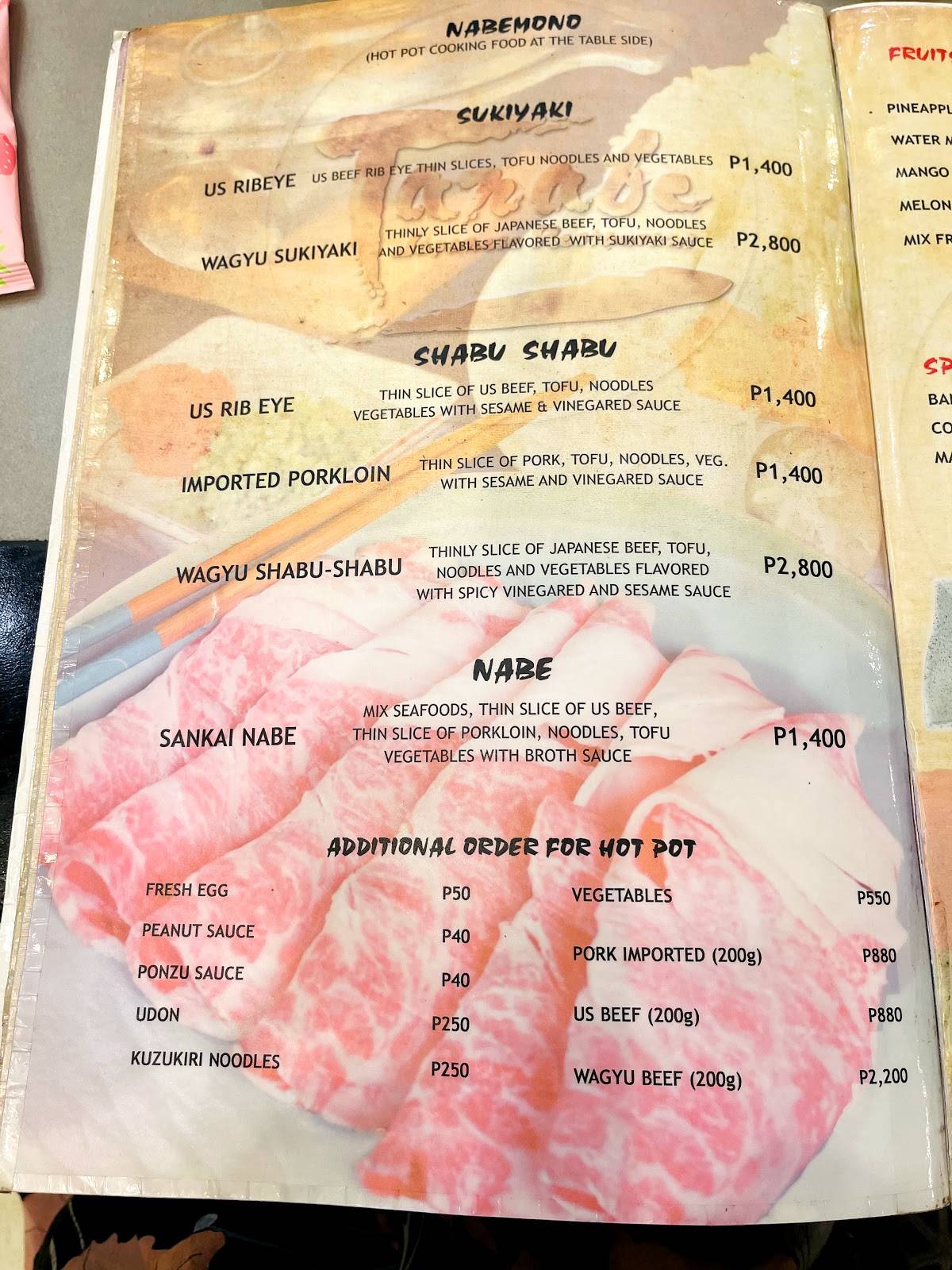 Menu at Tanabe Japanese Restaurant, Manila