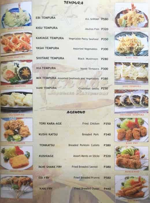 Menu at Tanabe Japanese Restaurant, Manila