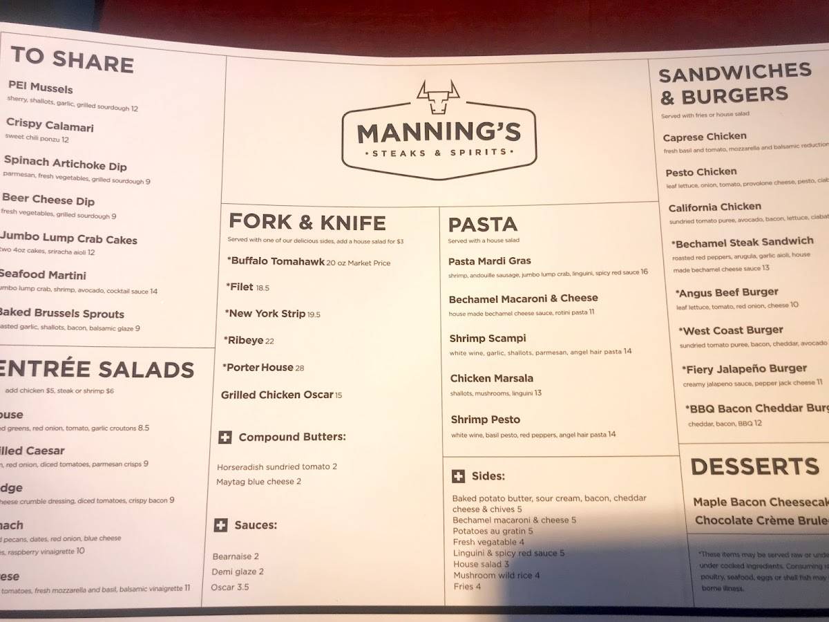 Menu at Manning's Steaks and Spirits steakhouse, Lakewood
