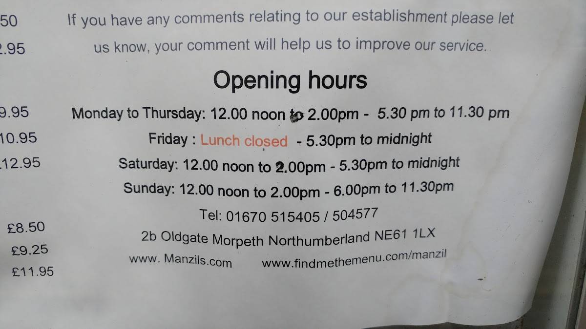 Menu at Manzil Tandoori Restaurant, Morpeth