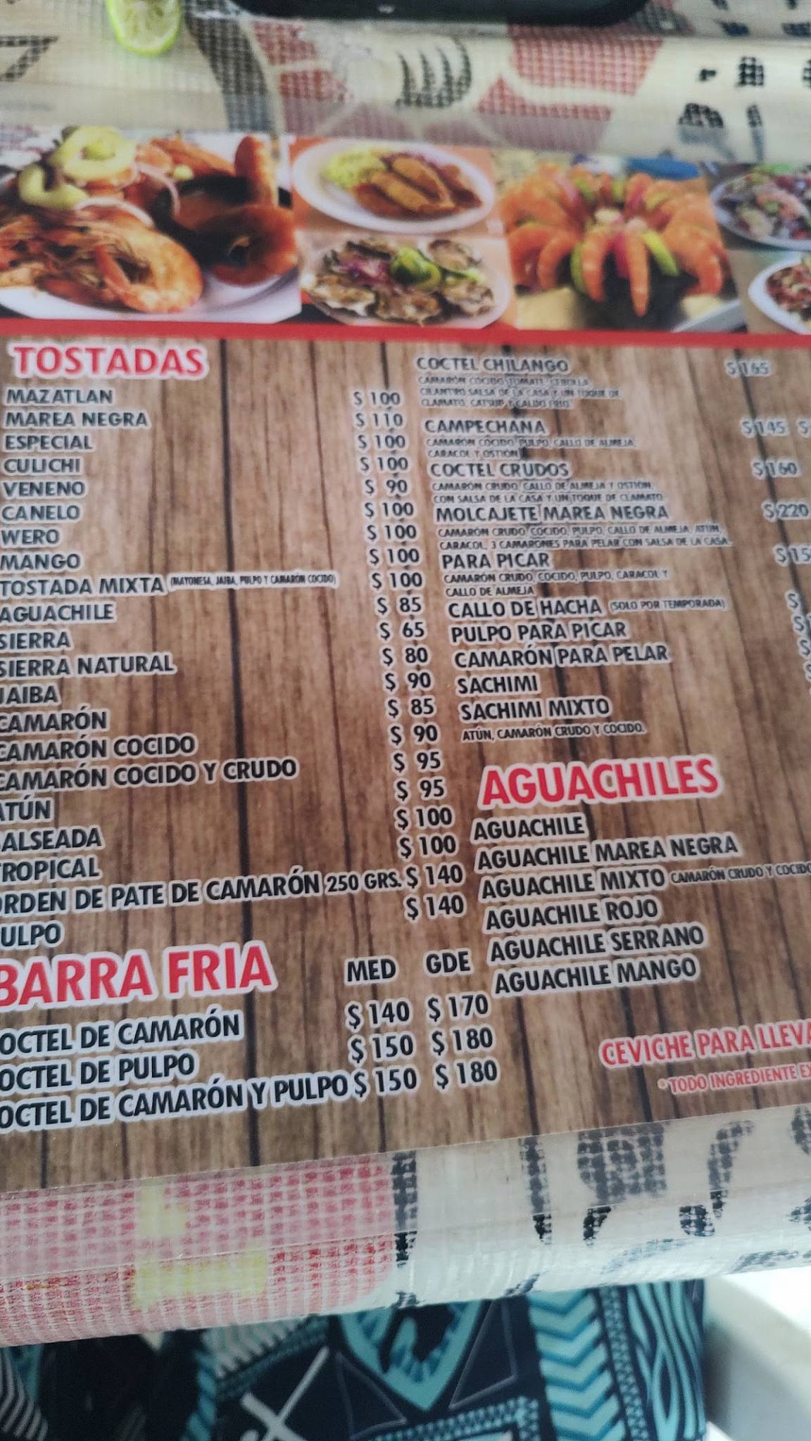 Carta del restaurante Mariscos Marea Negra, Mazatlán