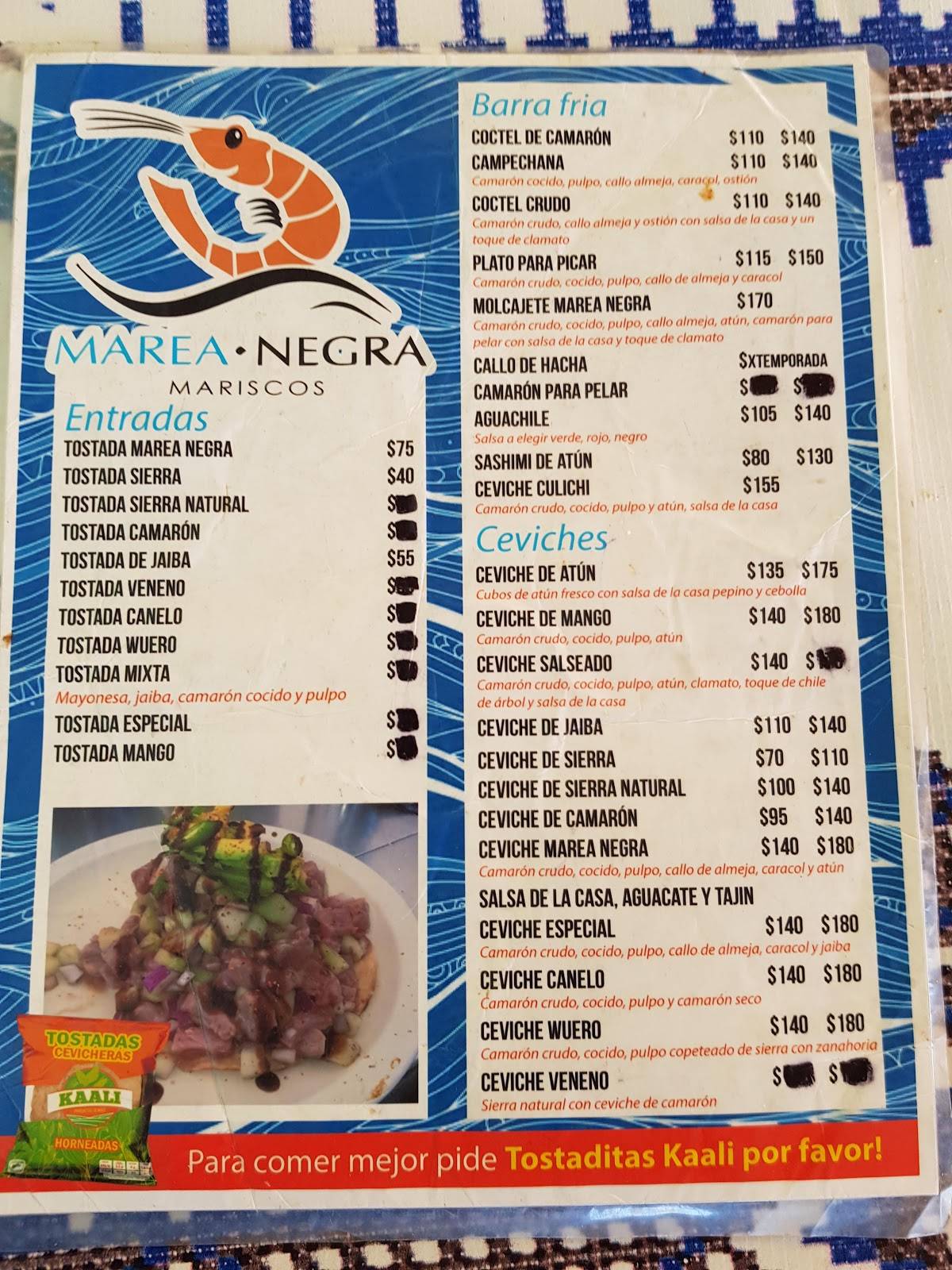 Carta del restaurante Mariscos Marea Negra, Mazatlán