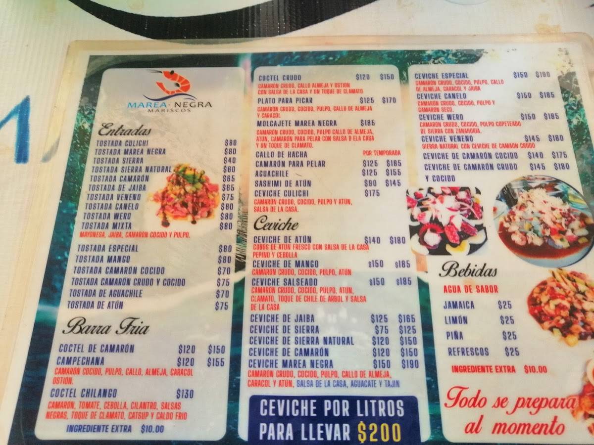 Carta del restaurante Mariscos Marea Negra, Mazatlán
