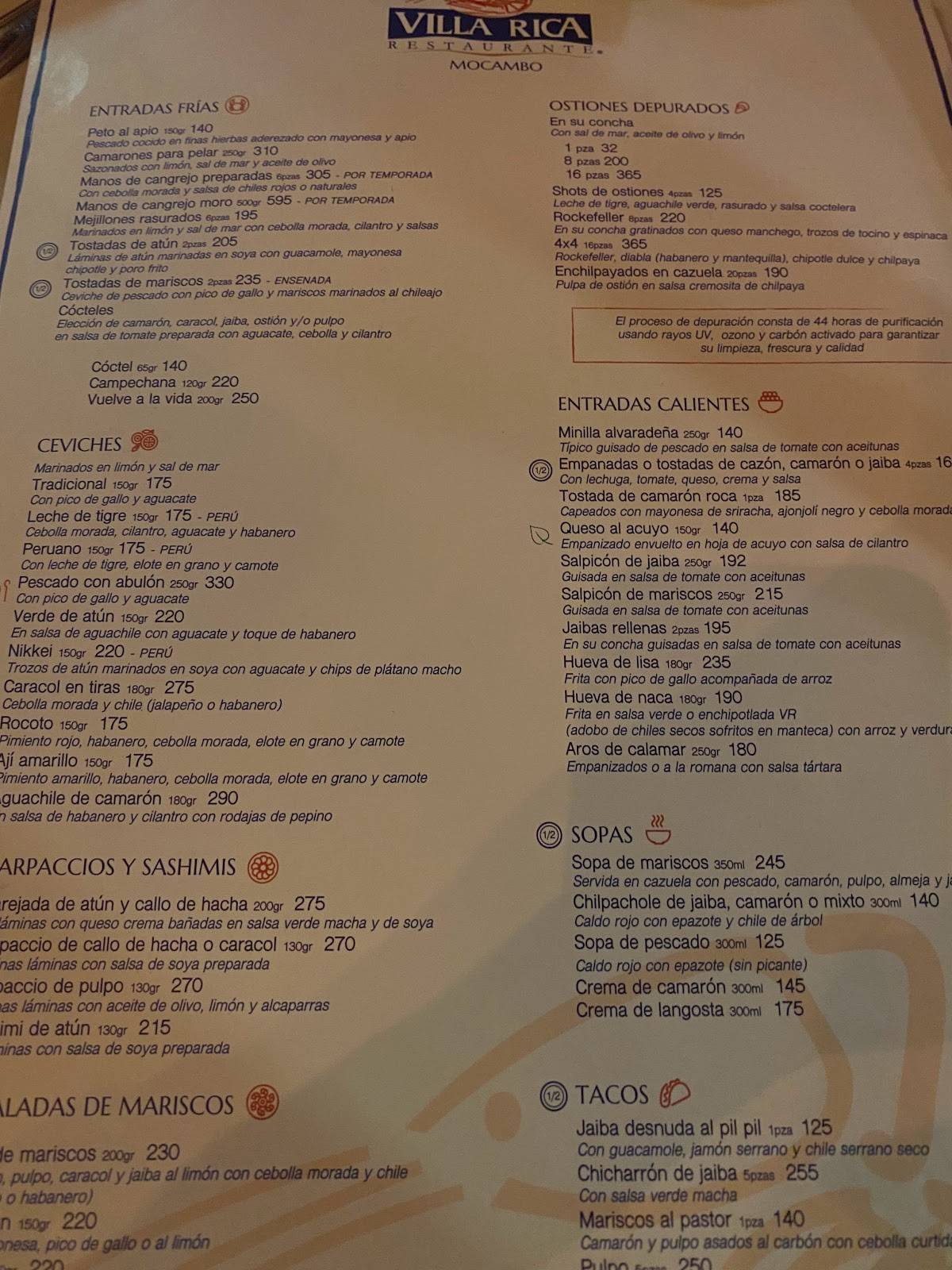 Carta del restaurante Mariscos Villa Rica Mocambo, Boca del Río, C ...