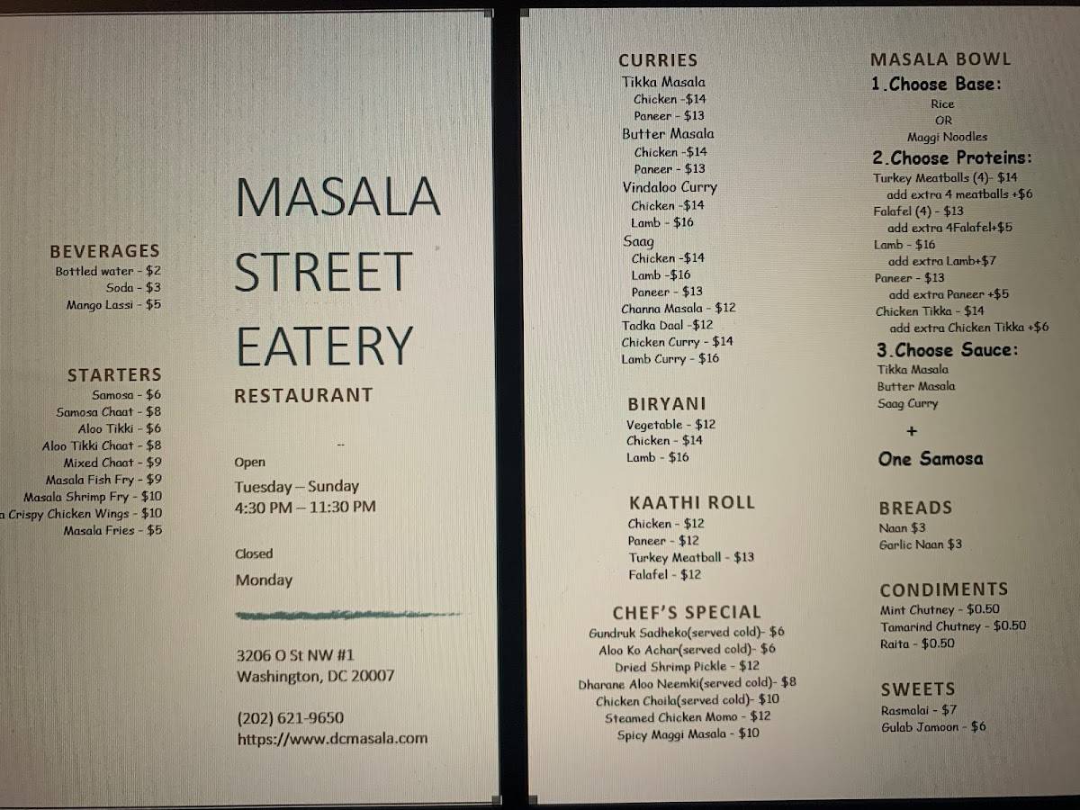 Menu at Masala Street Eatery desserts, Washington