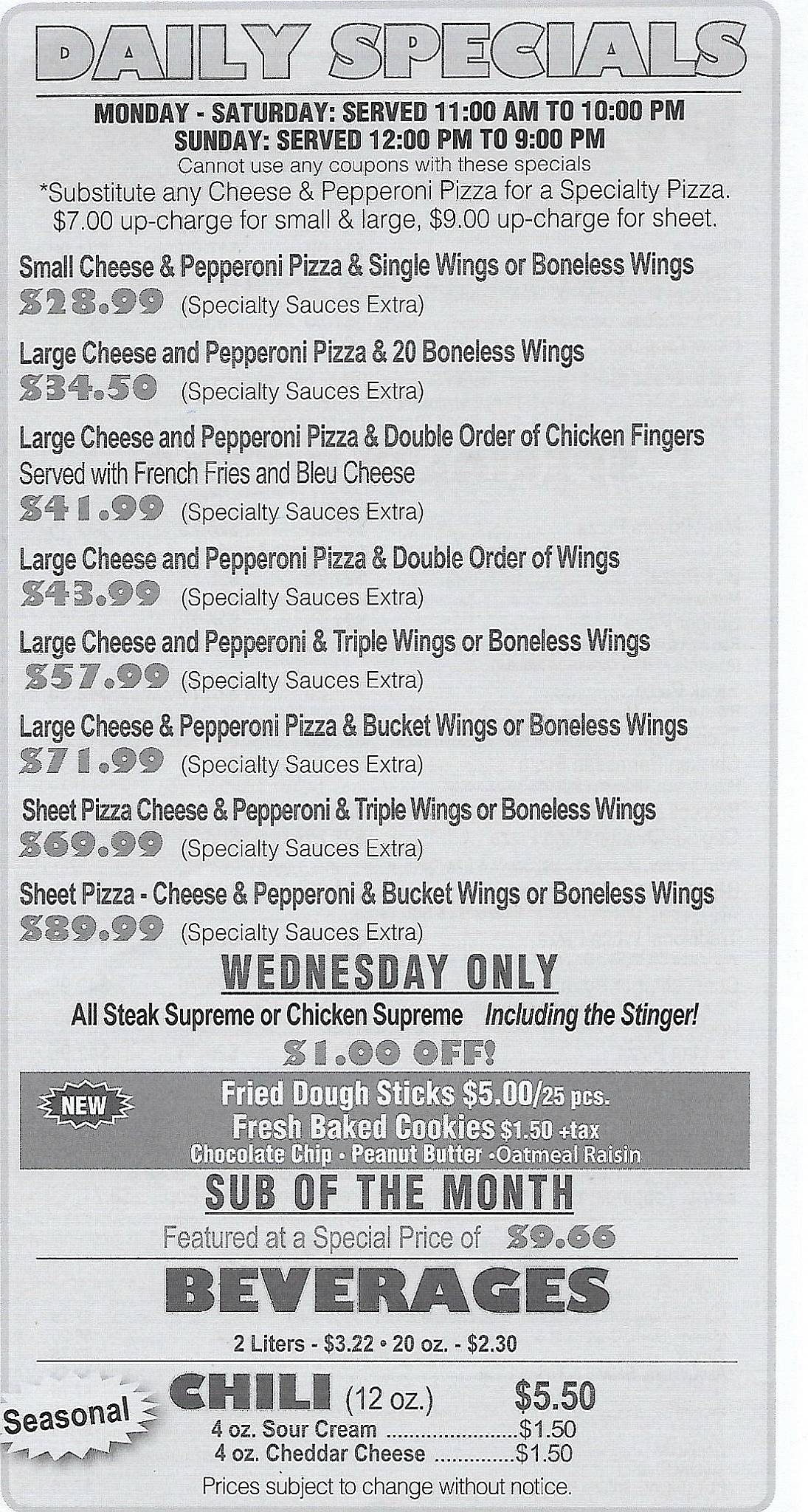 Menu at Master Pizza pizzeria, Buffalo, William St