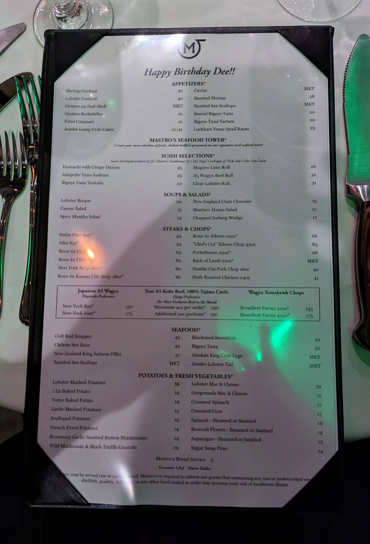 Menu at Mastro's Ocean Club, The Woodlands