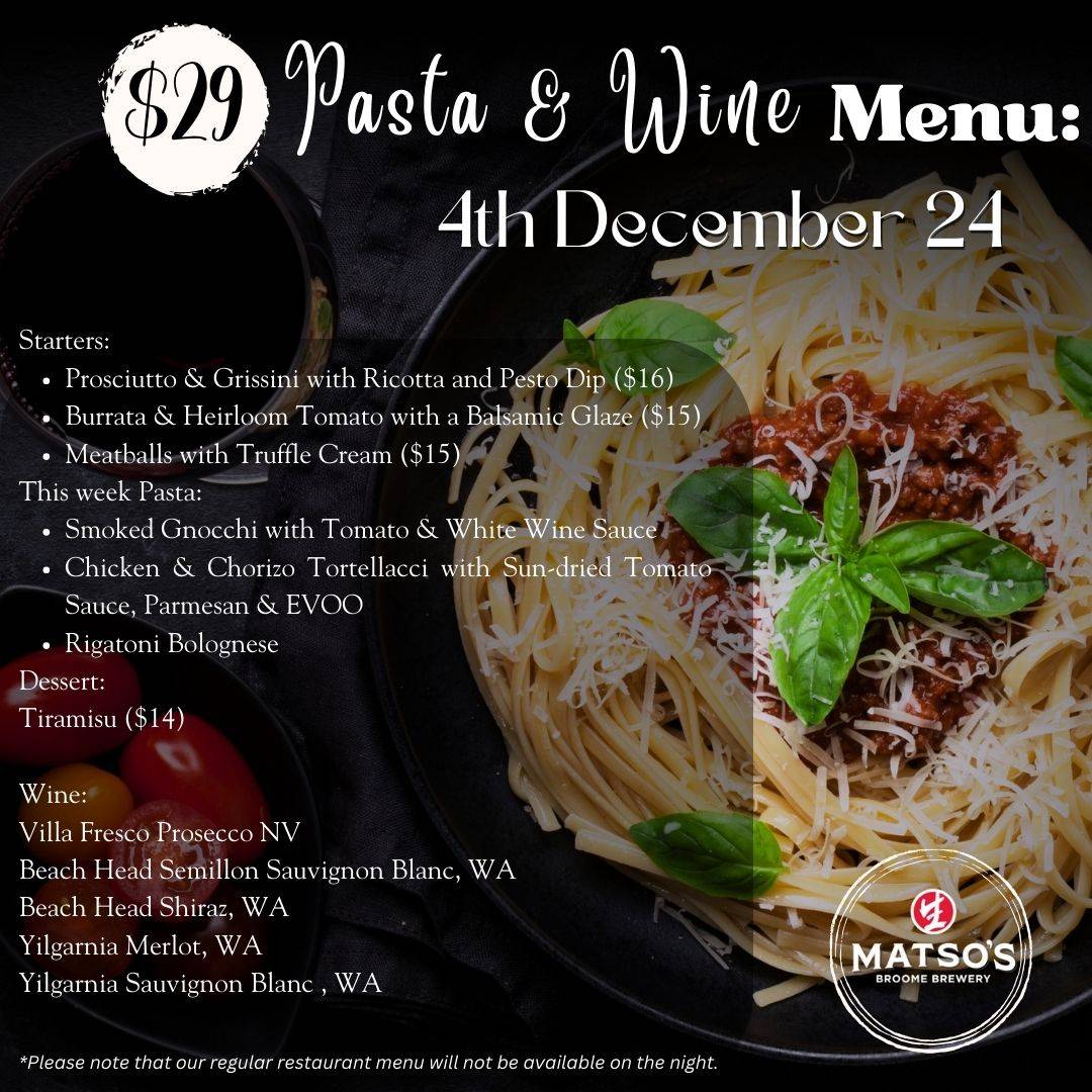 Menu at Matso's Broome Brewery restaurant, Broome, 60 Hamersley St