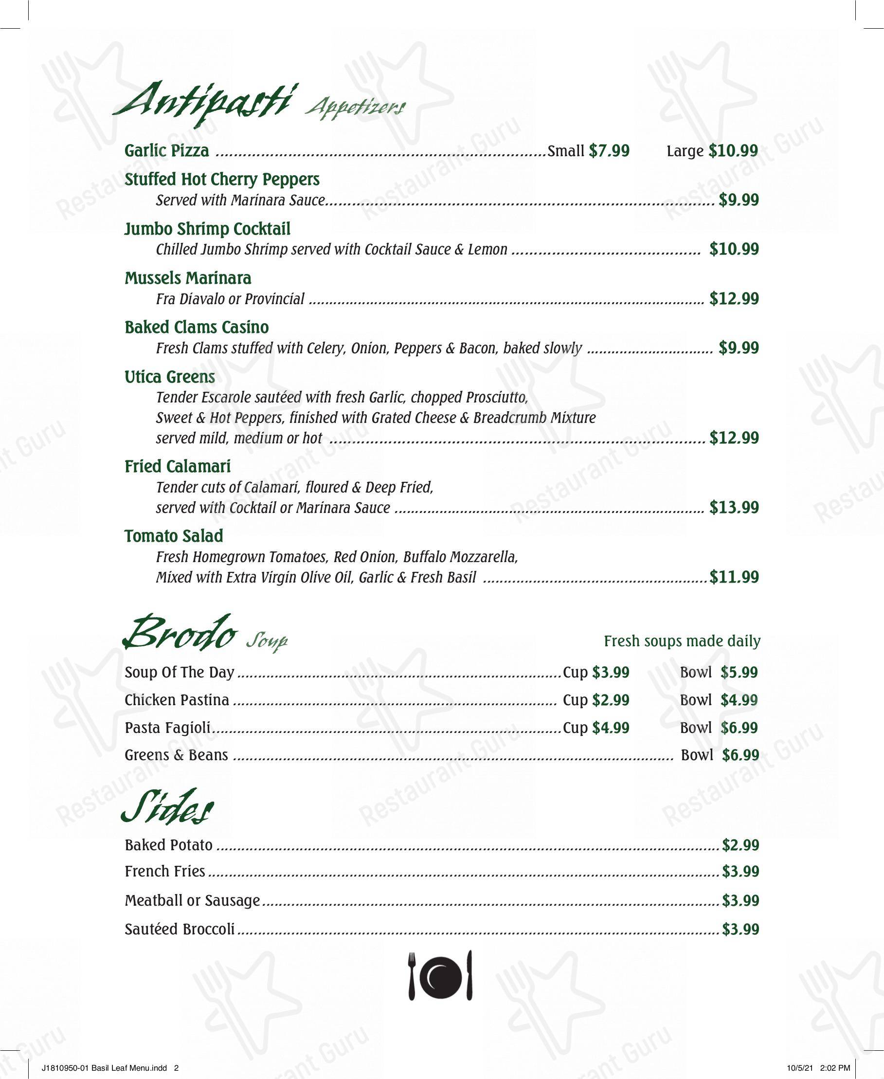 Menu at Basil Leaf restaurant, North Syracuse