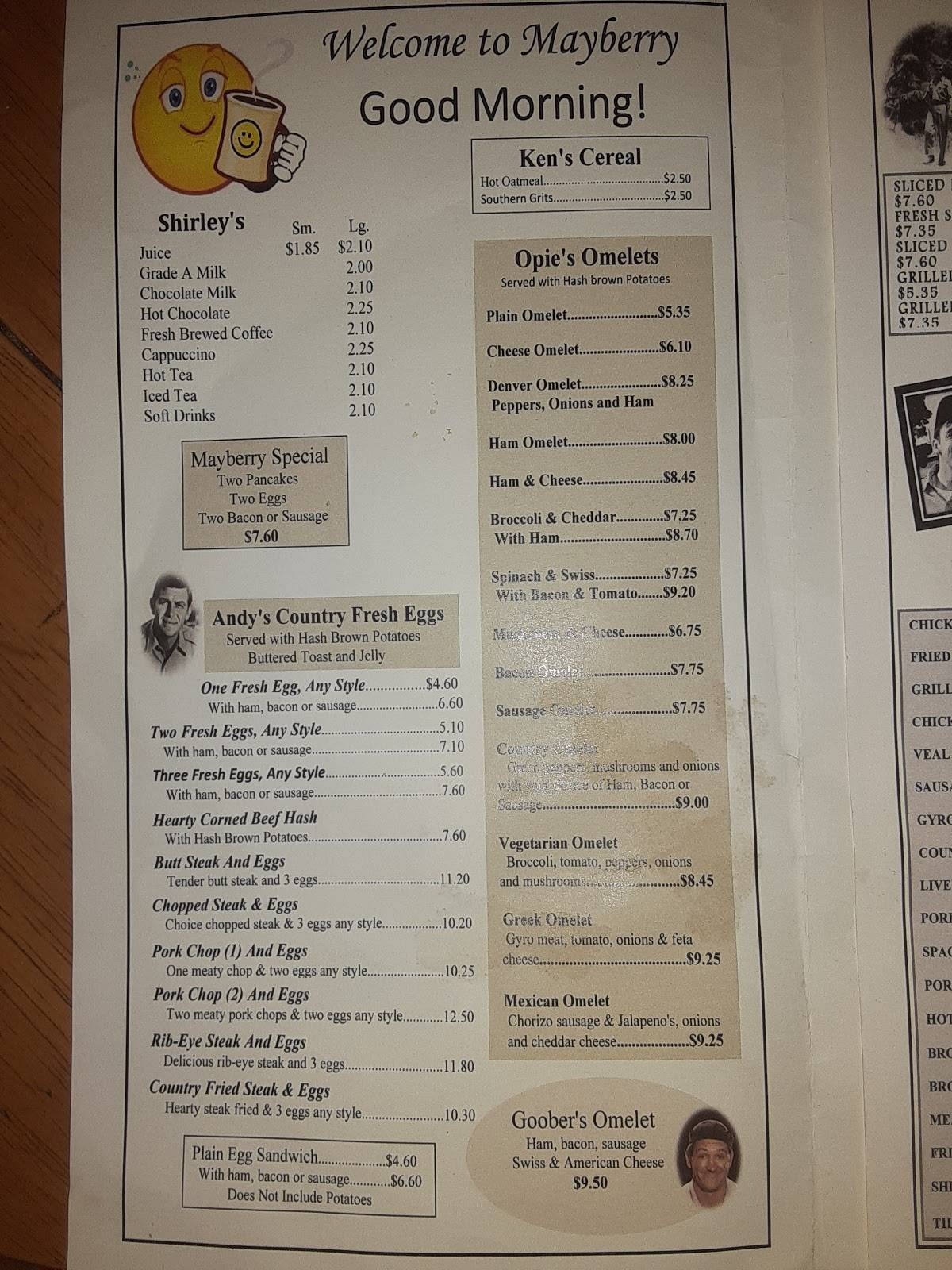 Menu at Mayberry Junction restaurant, Manteno