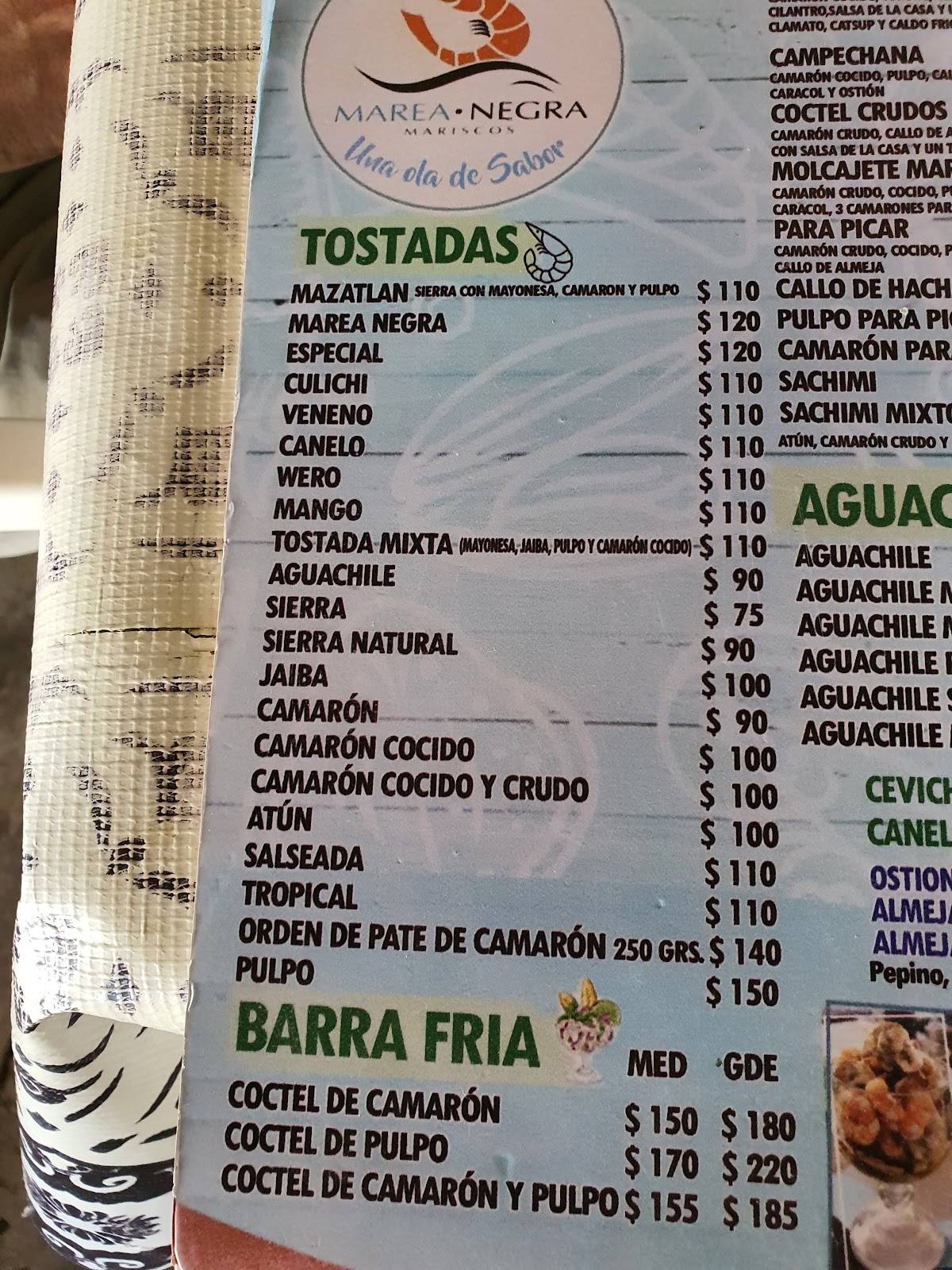 Carta del restaurante Mariscos Marea Negra, Mazatlán