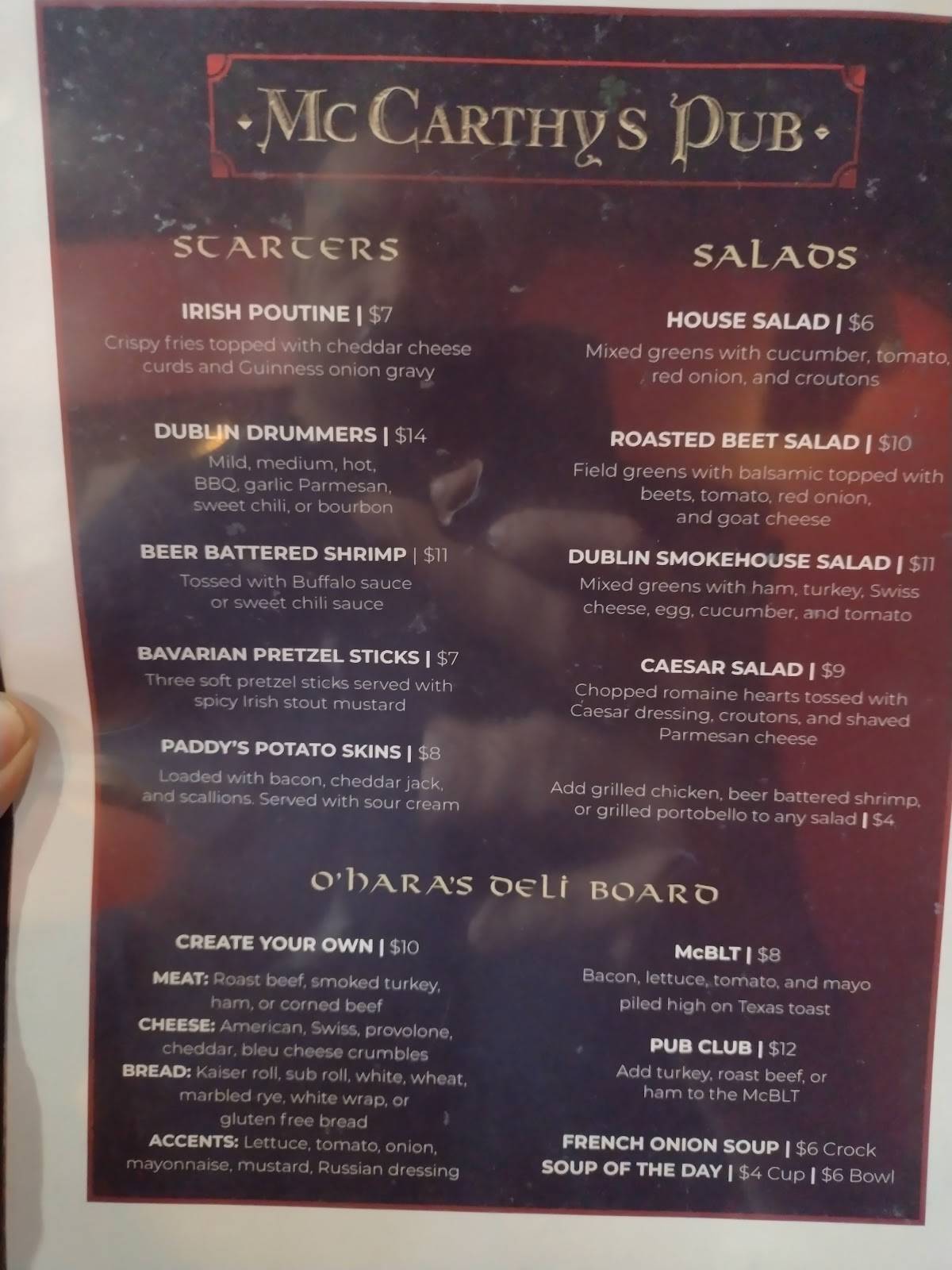 Menu at McCarthy's Irish Pub, Cazenovia