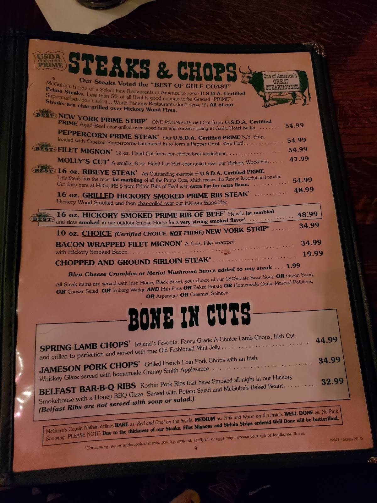 Menu at McGuire's Irish Pub, Pensacola