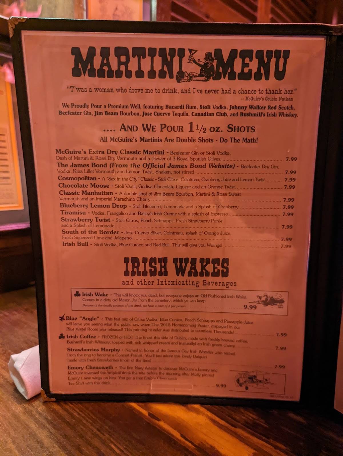 Menu at McGuire's Irish Pub, Pensacola