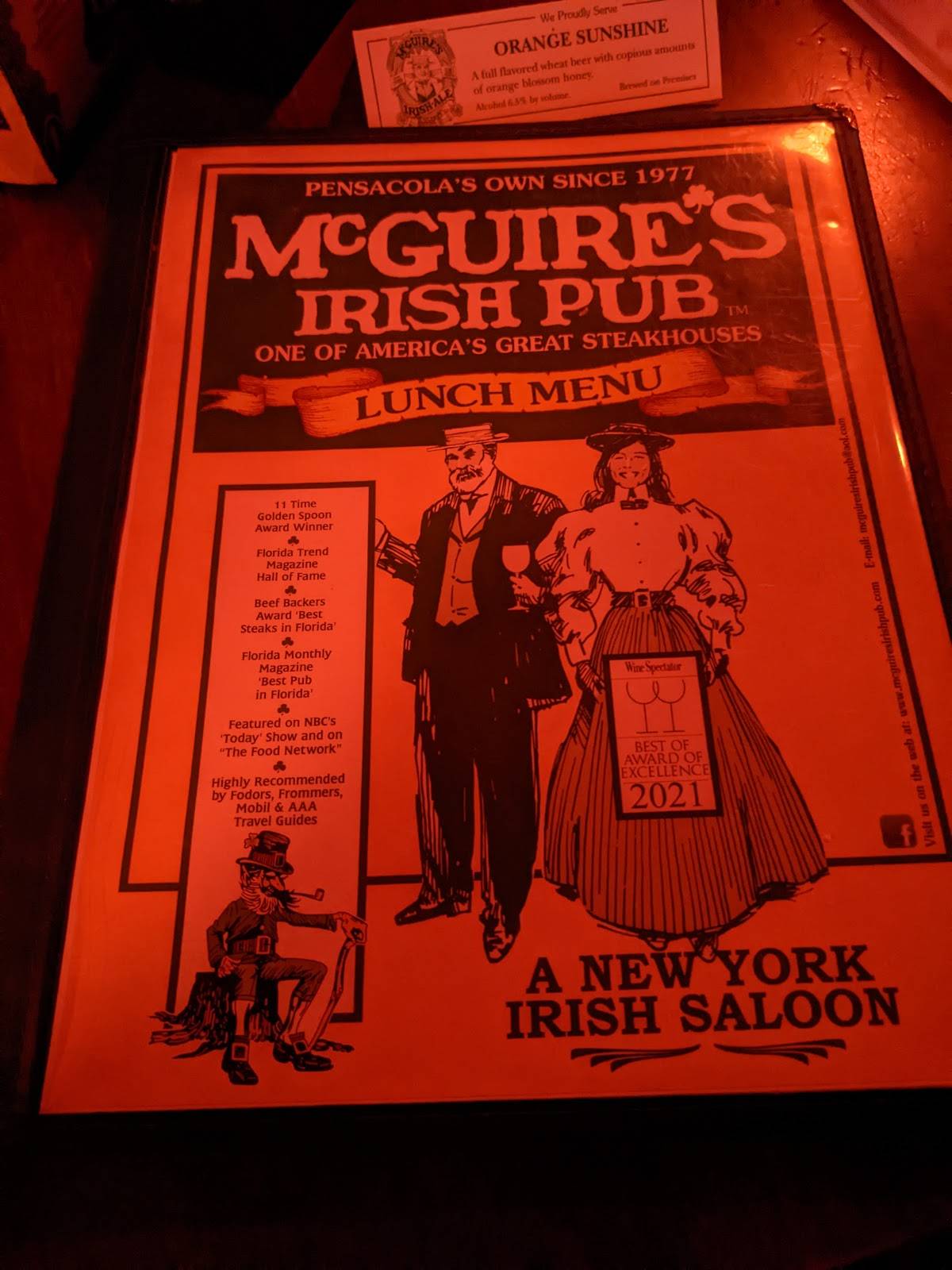 Menu at McGuire's Irish Pub, Pensacola