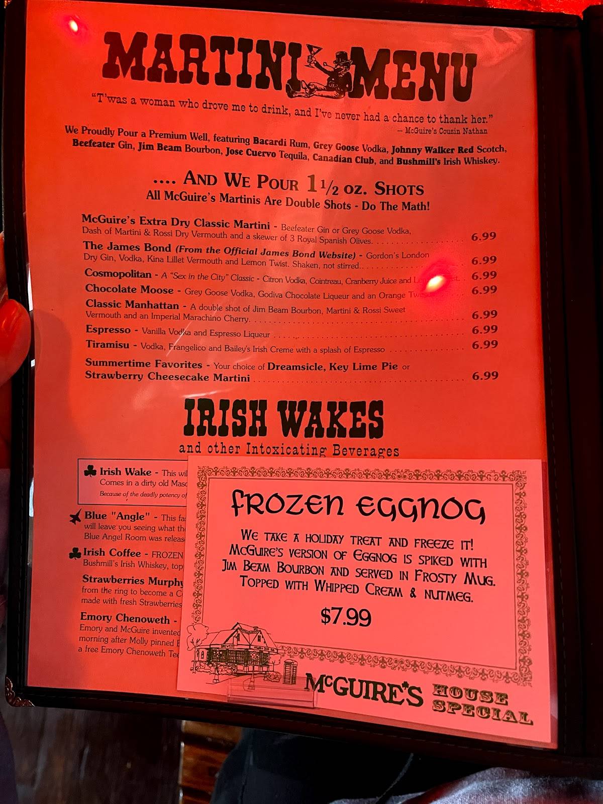 Menu at McGuire's Irish Pub, Pensacola