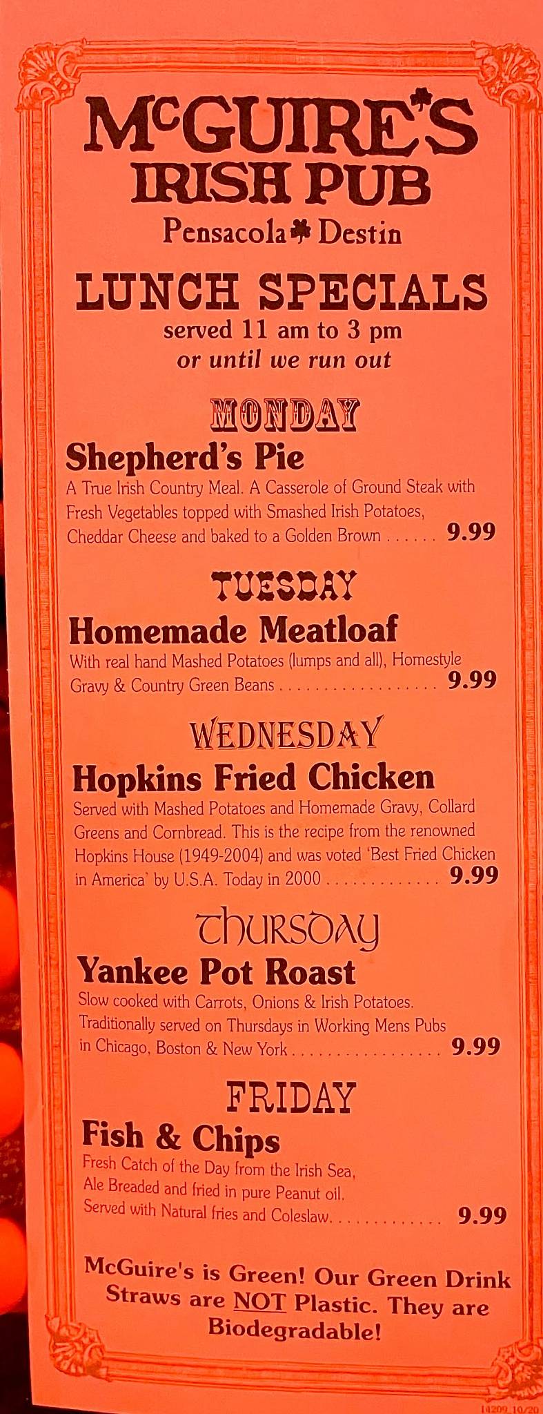 Menu at McGuire's Irish Pub, Pensacola